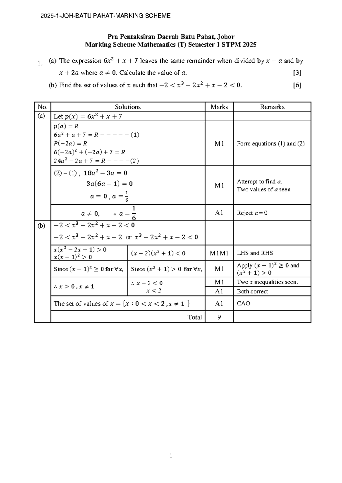 Maths (T) Semester 1 STPM 2025: Marking Scheme & Solutions - Studocu