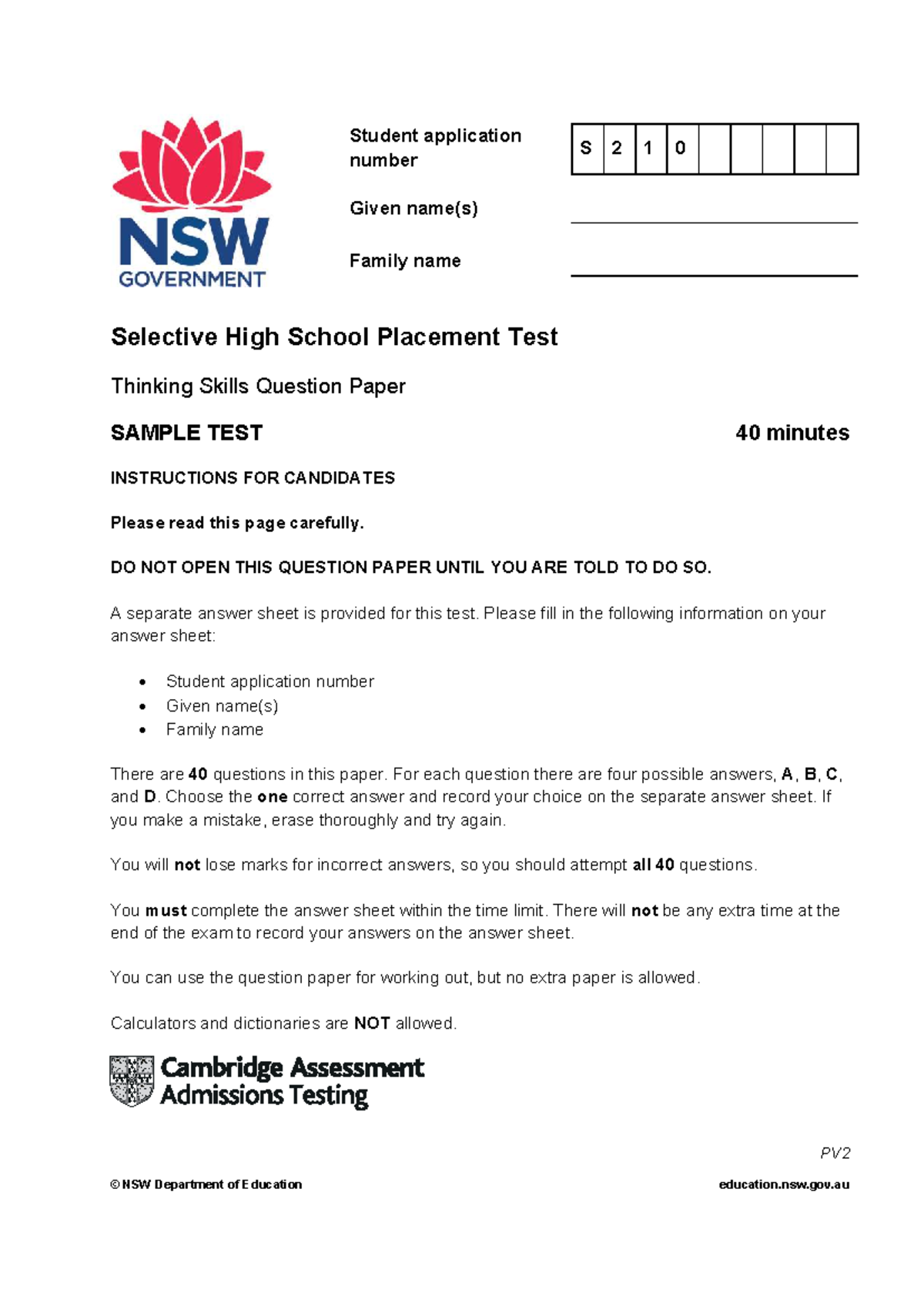 Selective High School Placement Test: Thinking Skills Sample Paper ...