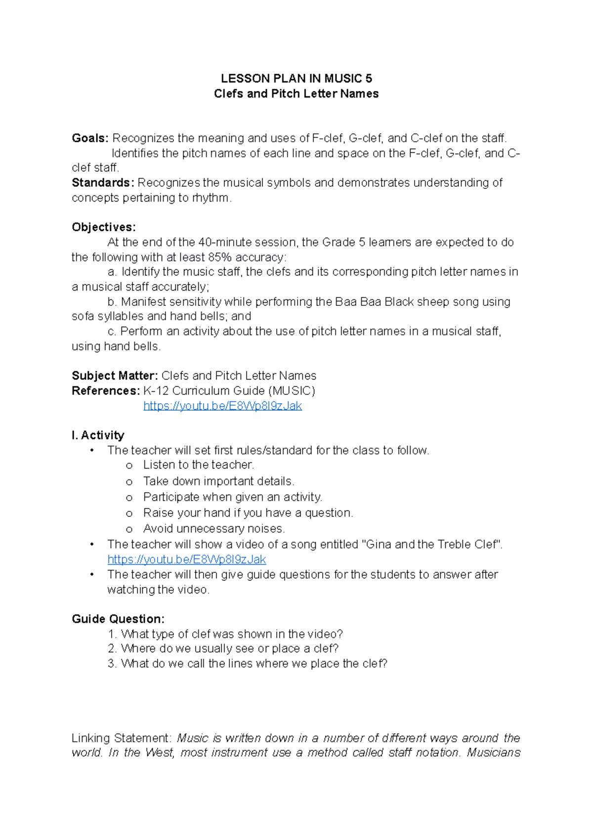 Final AS19 Music Lesson Plan: Understanding Clefs and Pitch Names - Studocu