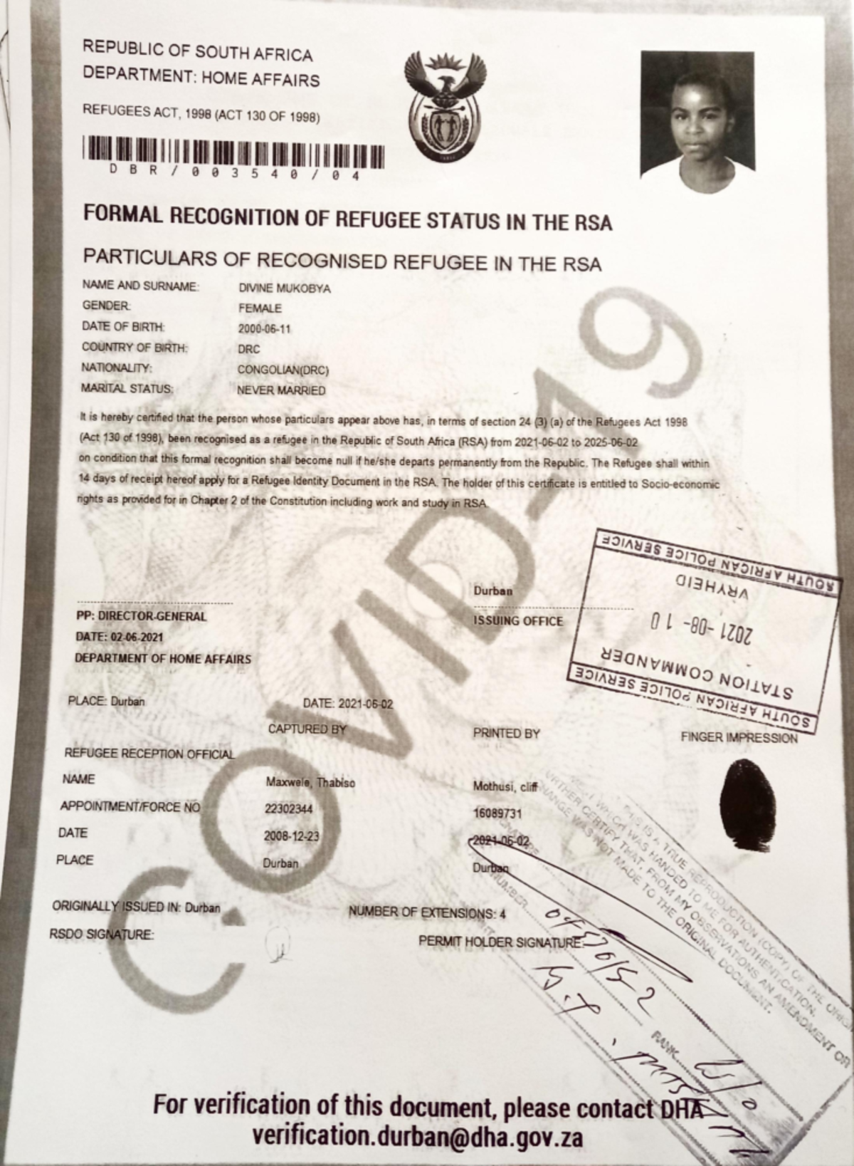 Scan of certified copy of refugee permit - SED2601 - Studocu
