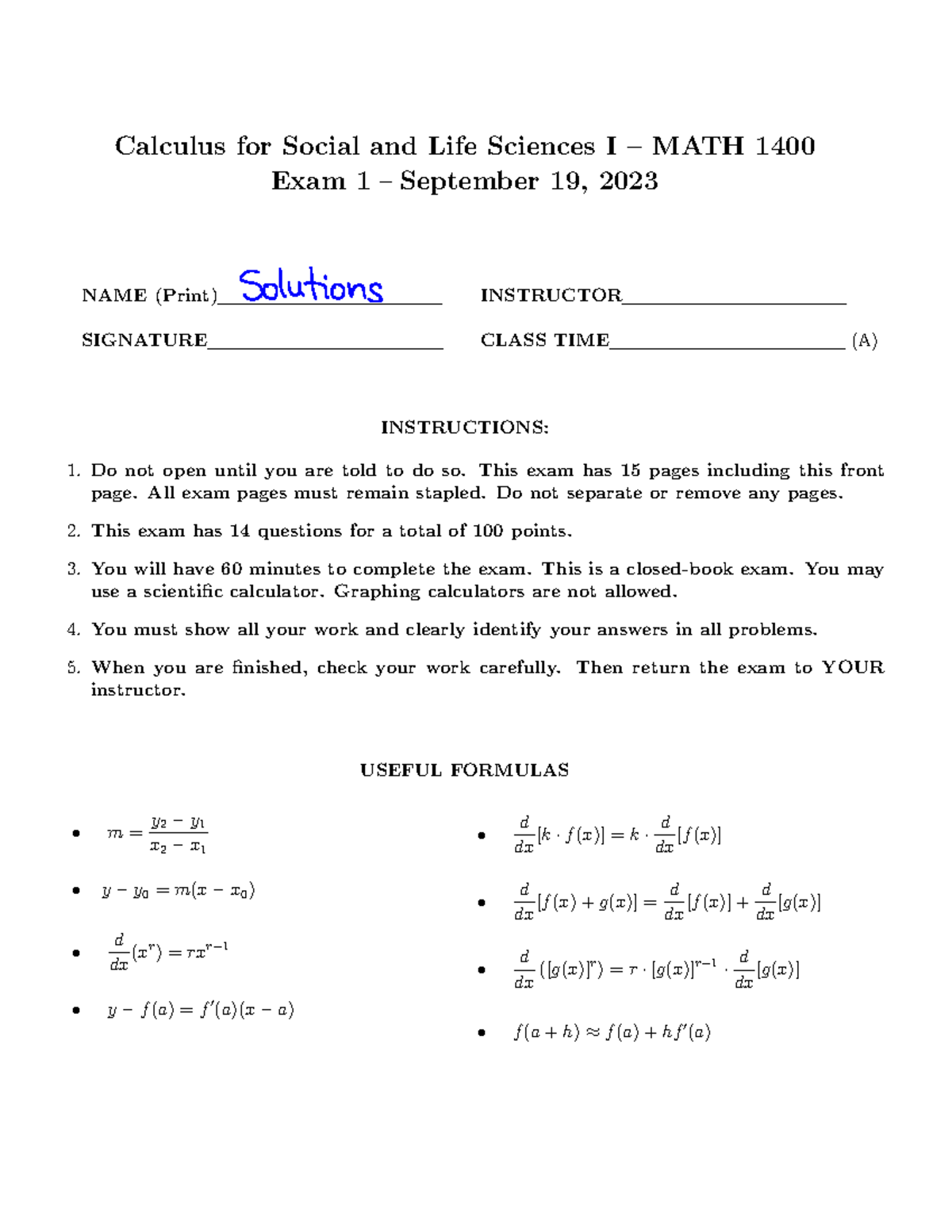 MATH 1400 Calculus for Social and Life Sciences I Exam 1 Solutions ...