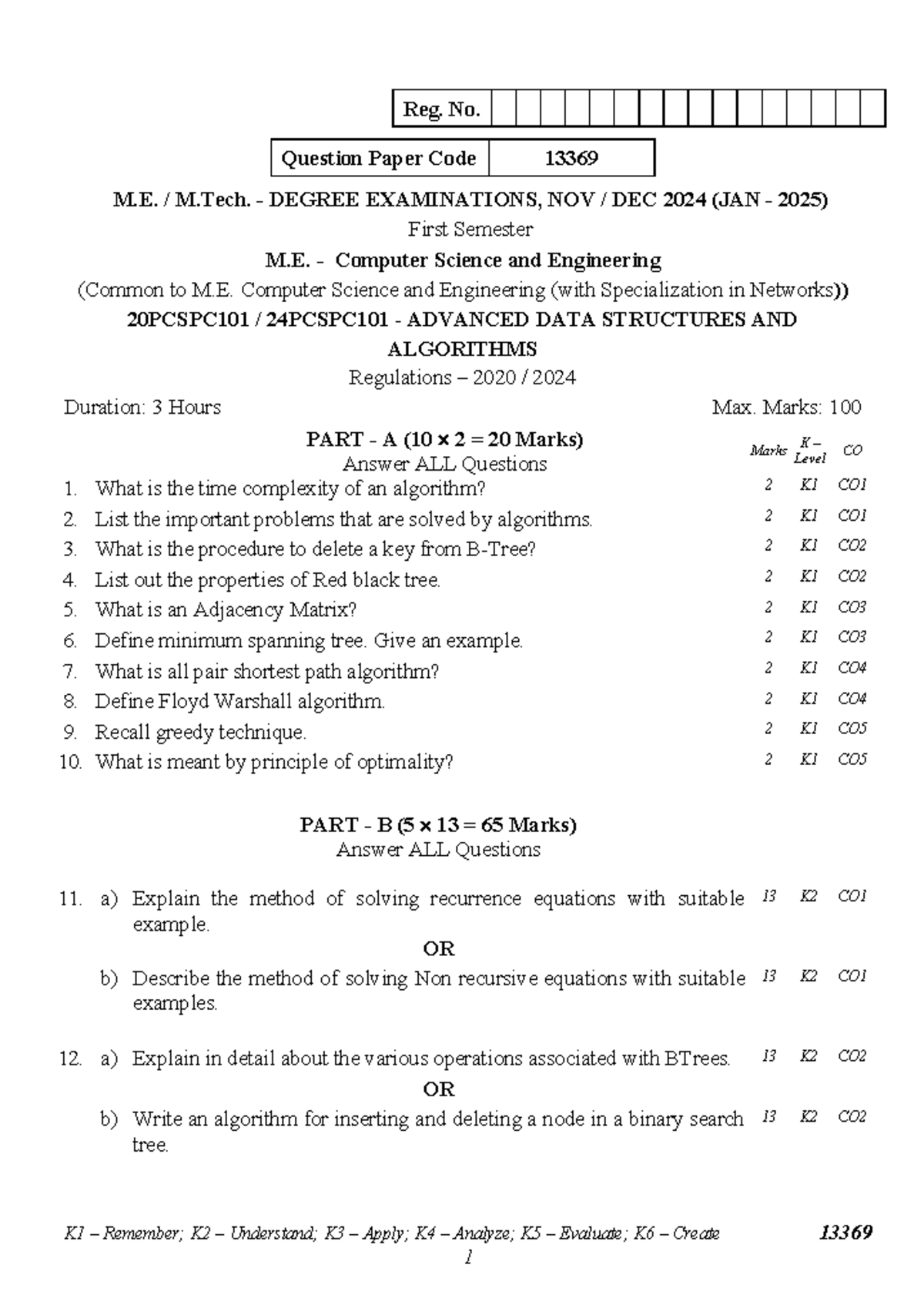 24PCSPC101 Advanced Data Structures & Algorithms Exam Paper - Studocu
