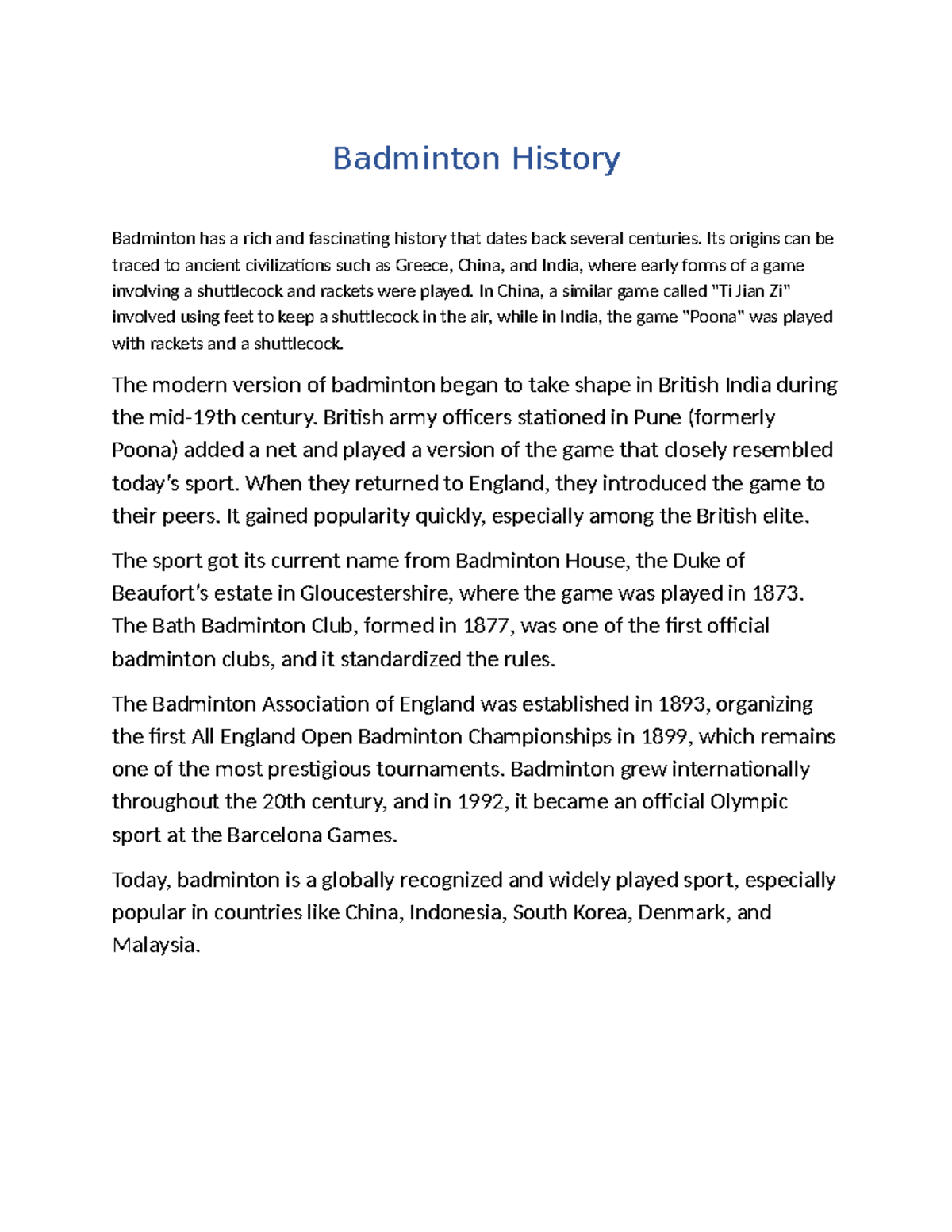 Badminton History: From Ancient Origins to Olympic Sport - Studocu
