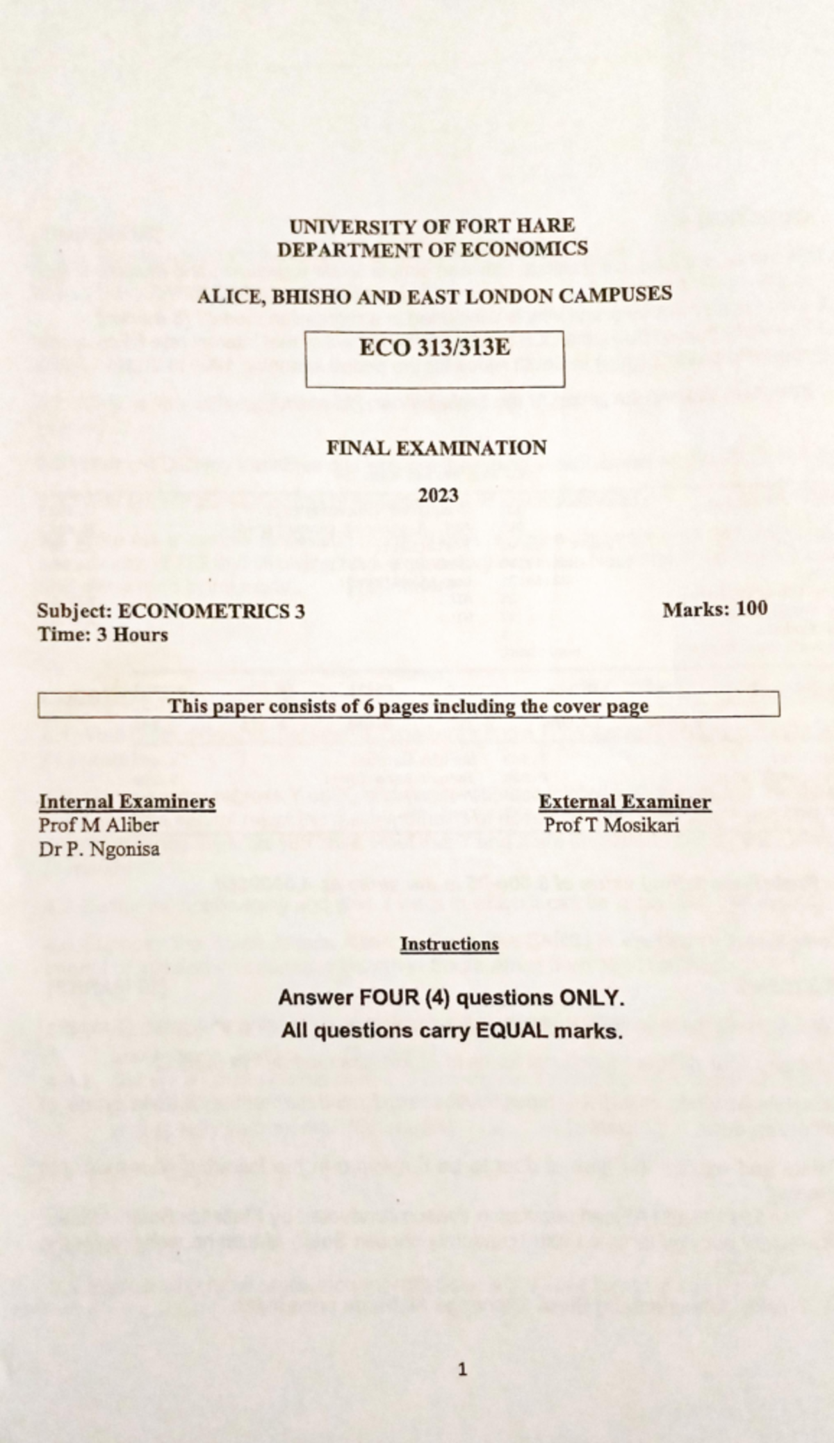 ECO313 2023 Final Exam Practice Questions on Econometrics - Studocu