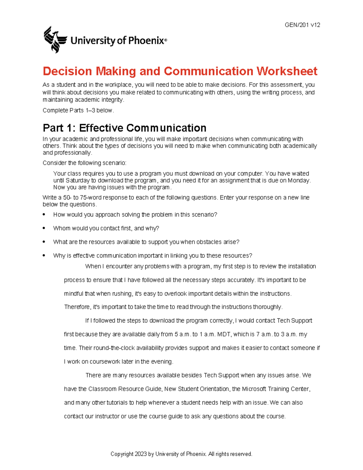 Gen201 v12 wk3 decision making and communication worksheet 1 - GEN/201 ...