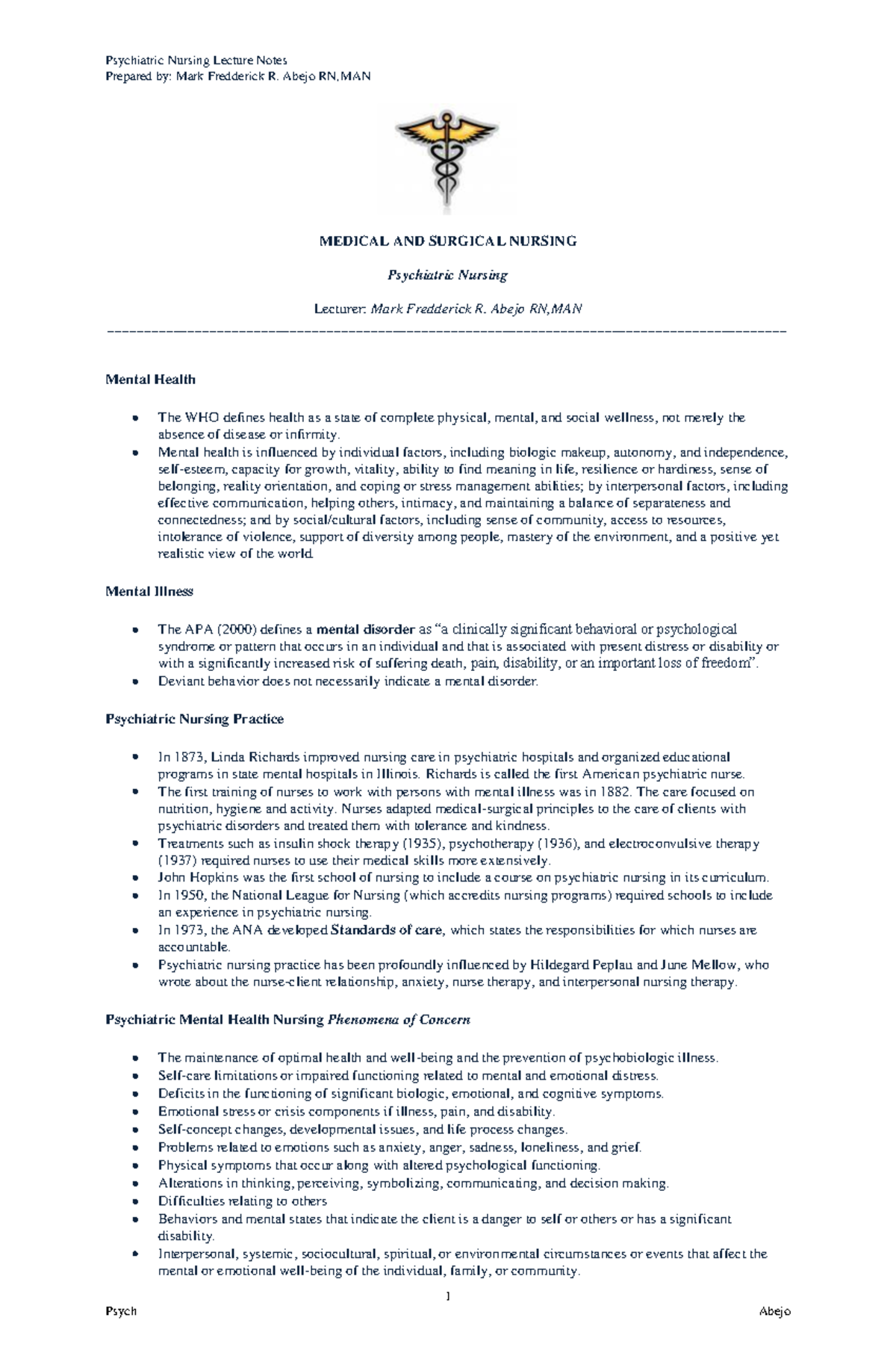 Psychiatric Nursing Lecture Notes (Course Code: PN 101) - Studocu