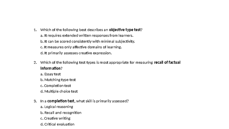 EDU 101: Understanding Objective Type Tests and Their Formats - Studocu