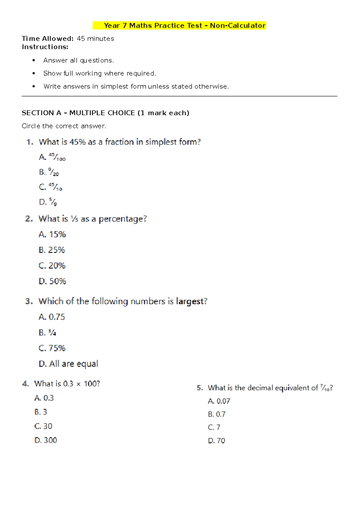 Year 7 Maths Practice Test: Fractions & Percentages Solutions - Studocu