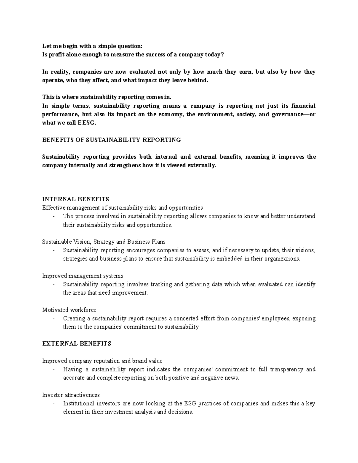 Mas4 - Sustainability Reporting: Internal & External Benefits - Studocu