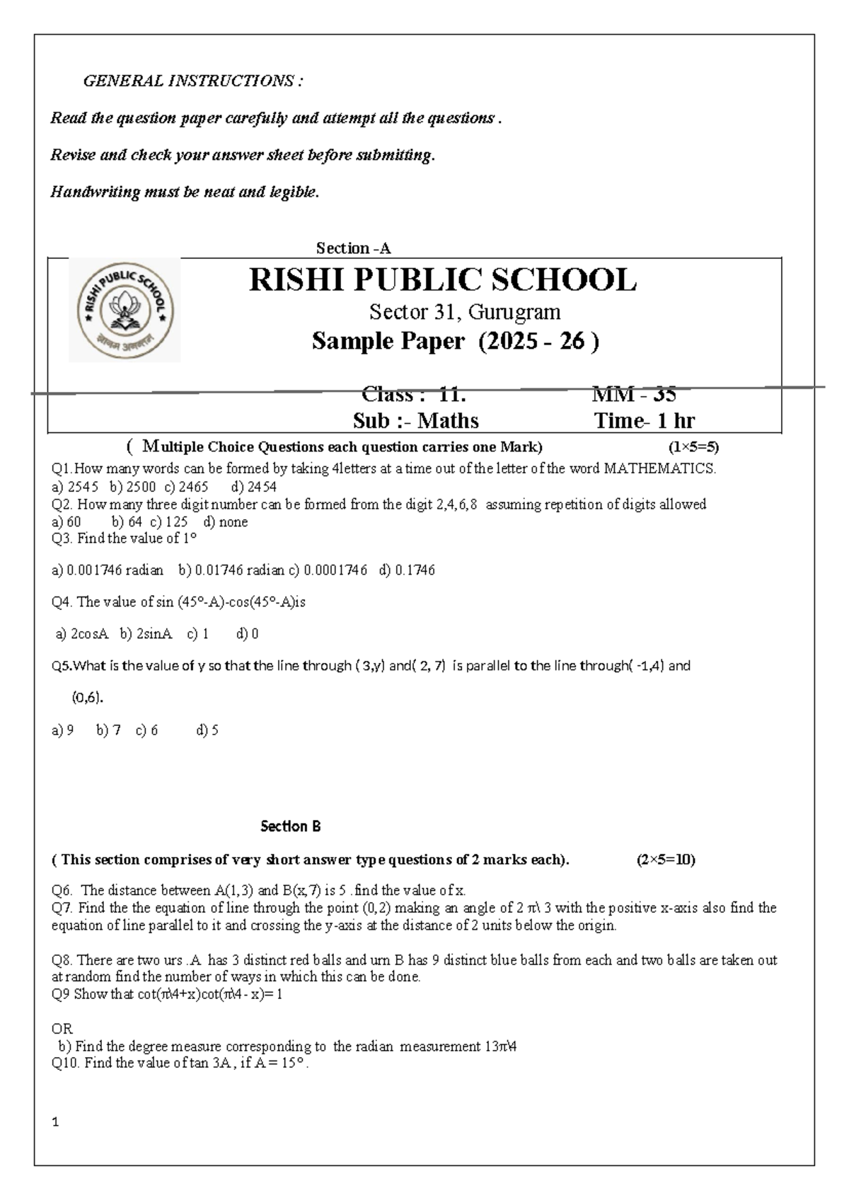 Class 11 Sample Paper UT-3: Mathematics MCQs & Short Answers - Studocu