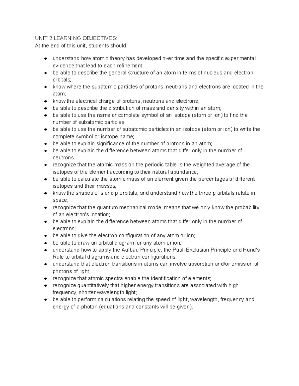 Unit 2 Learning Objectives: Atomic Theory & Structure Overview - Studocu