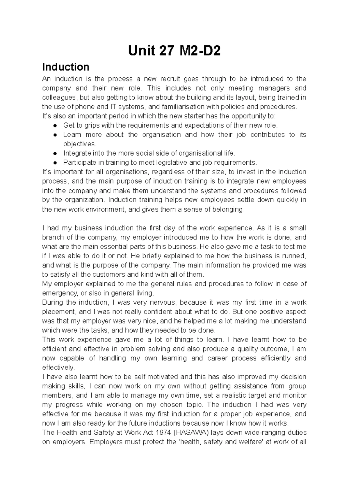 Unit 27: Work experience in Business M2-D2 - Unit 27 M2-D Induction An ...