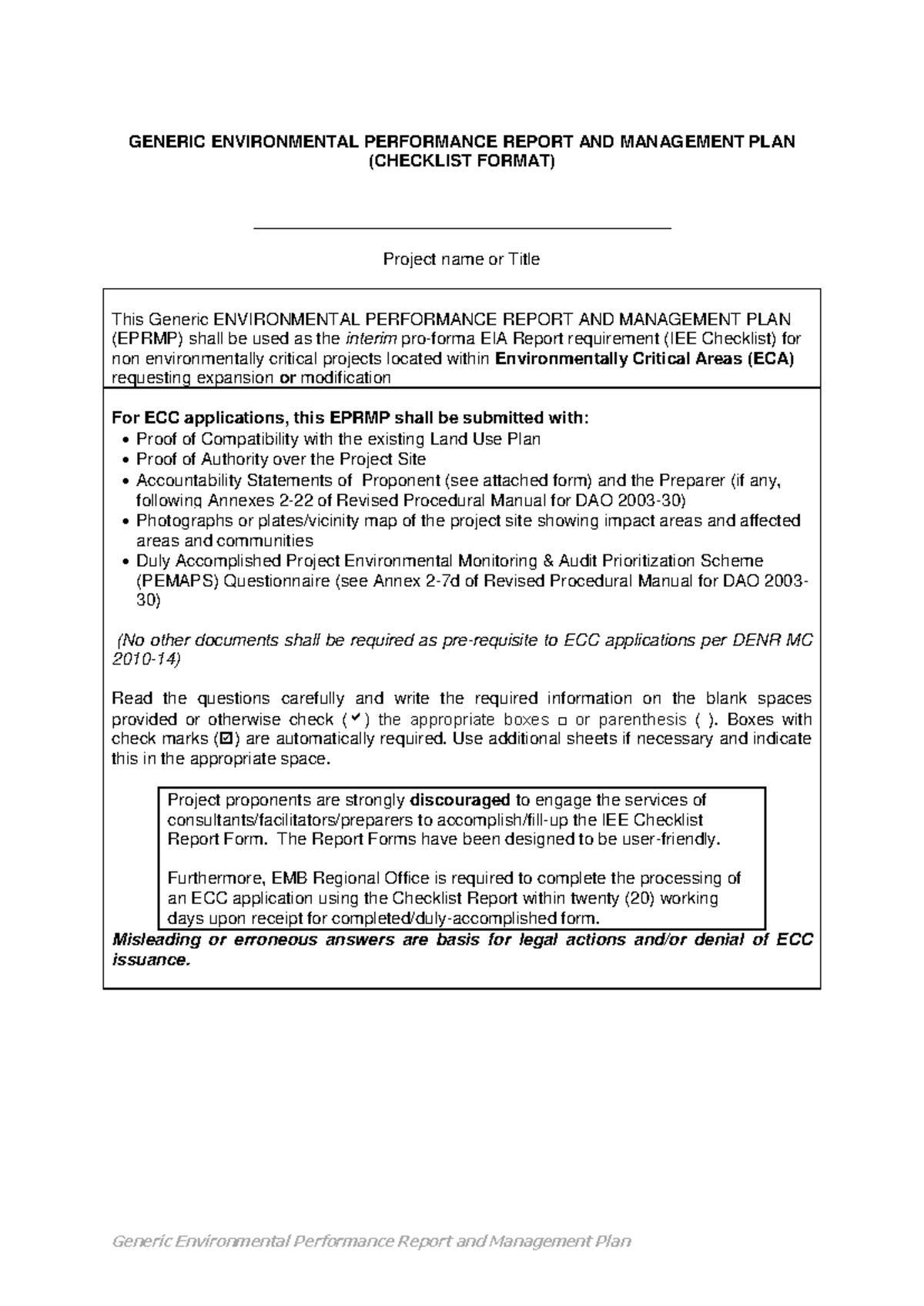 ELR0031 - Generic Environmental Performance Report & Management Plan ...
