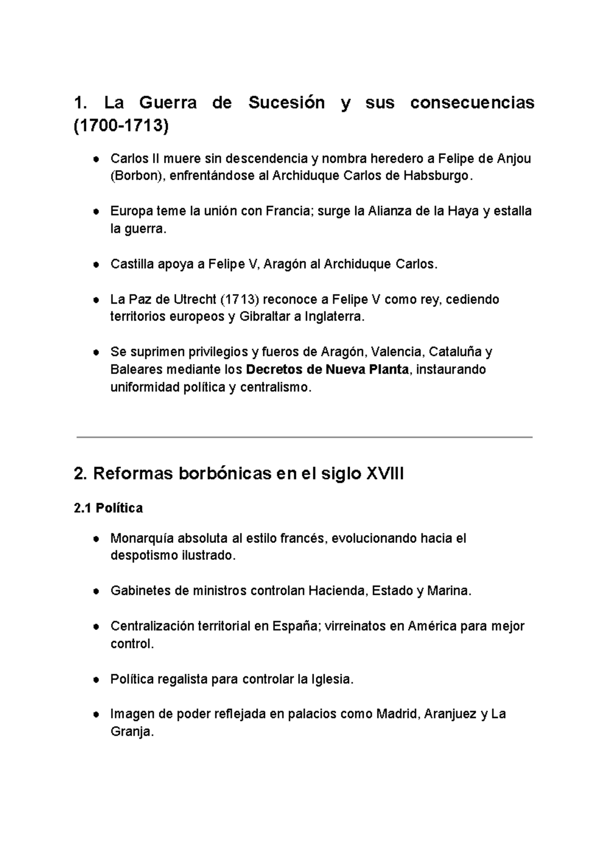 Resumen de la Guerra de Sucesión y Reformas Borbónicas (Historia) - Studocu