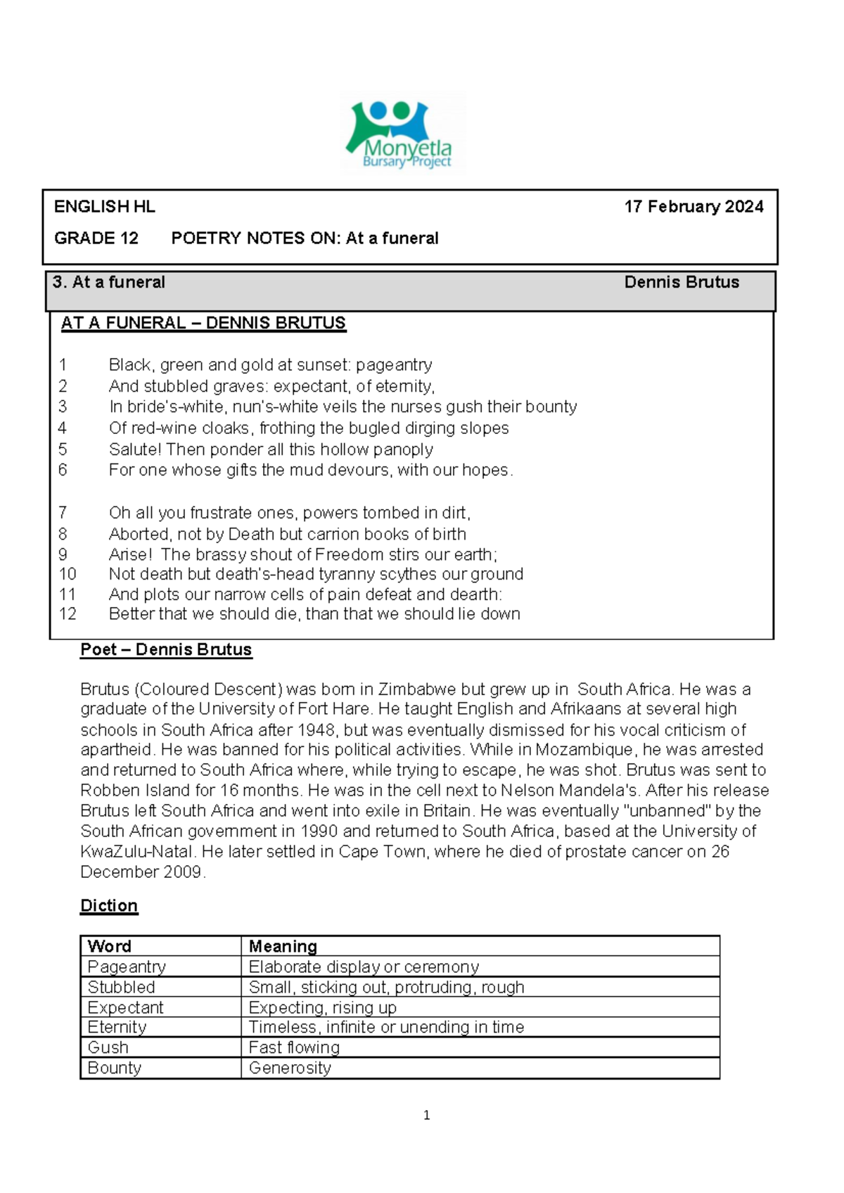 ENGLISH HL GRADE 12 POETRY NOTES: Analysis of "At a Funeral" by Dennis ...