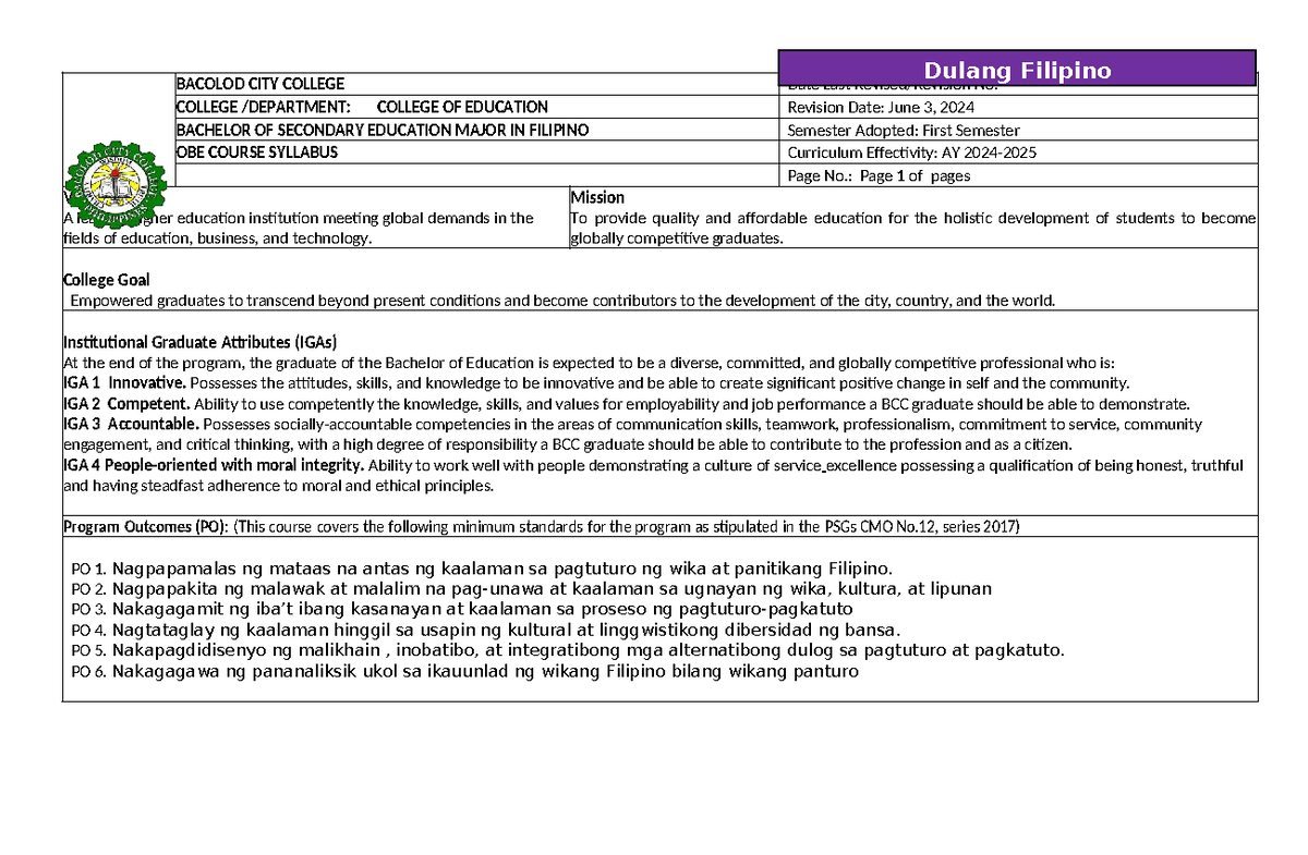 BSED-FIL 2ND SEM: Dulang Filipino Course Syllabus and Overview - Studocu