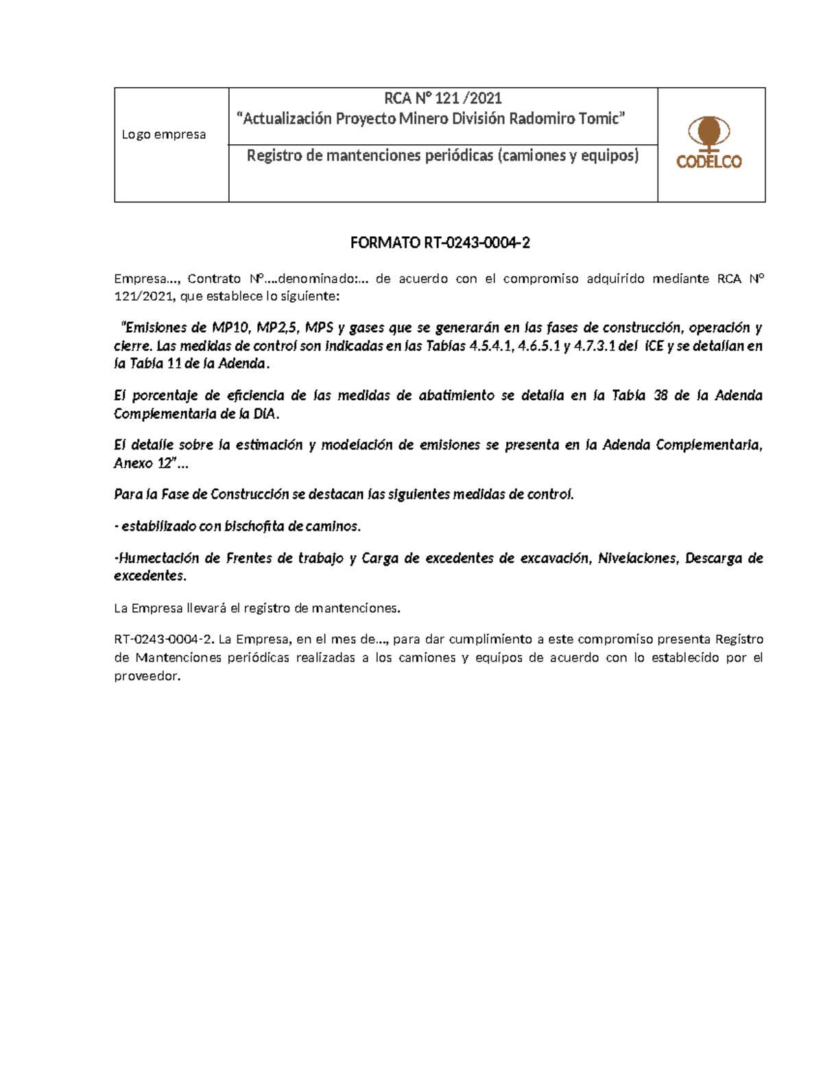 Formato RT-0243-0004-2. Registro de Mantenciones Periódicas - Logo ...