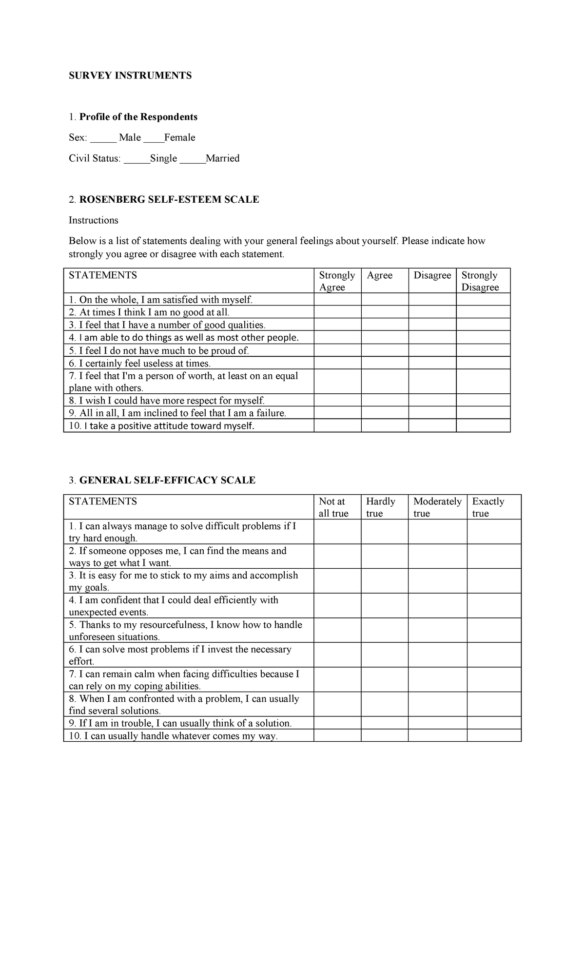 Survey Instruments Survey Instruments Profile Of The Respondents Sex Male Female