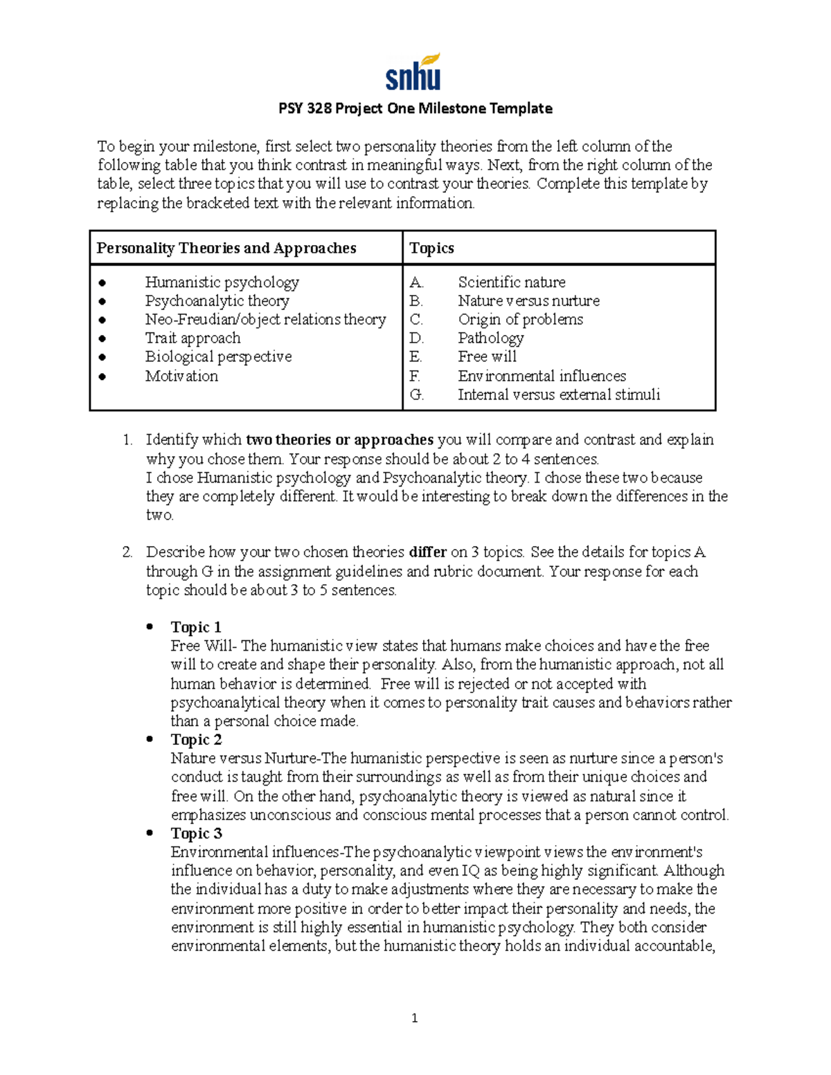 PSY 328 Project One Milestone: Comparing Personality Theories - Studocu