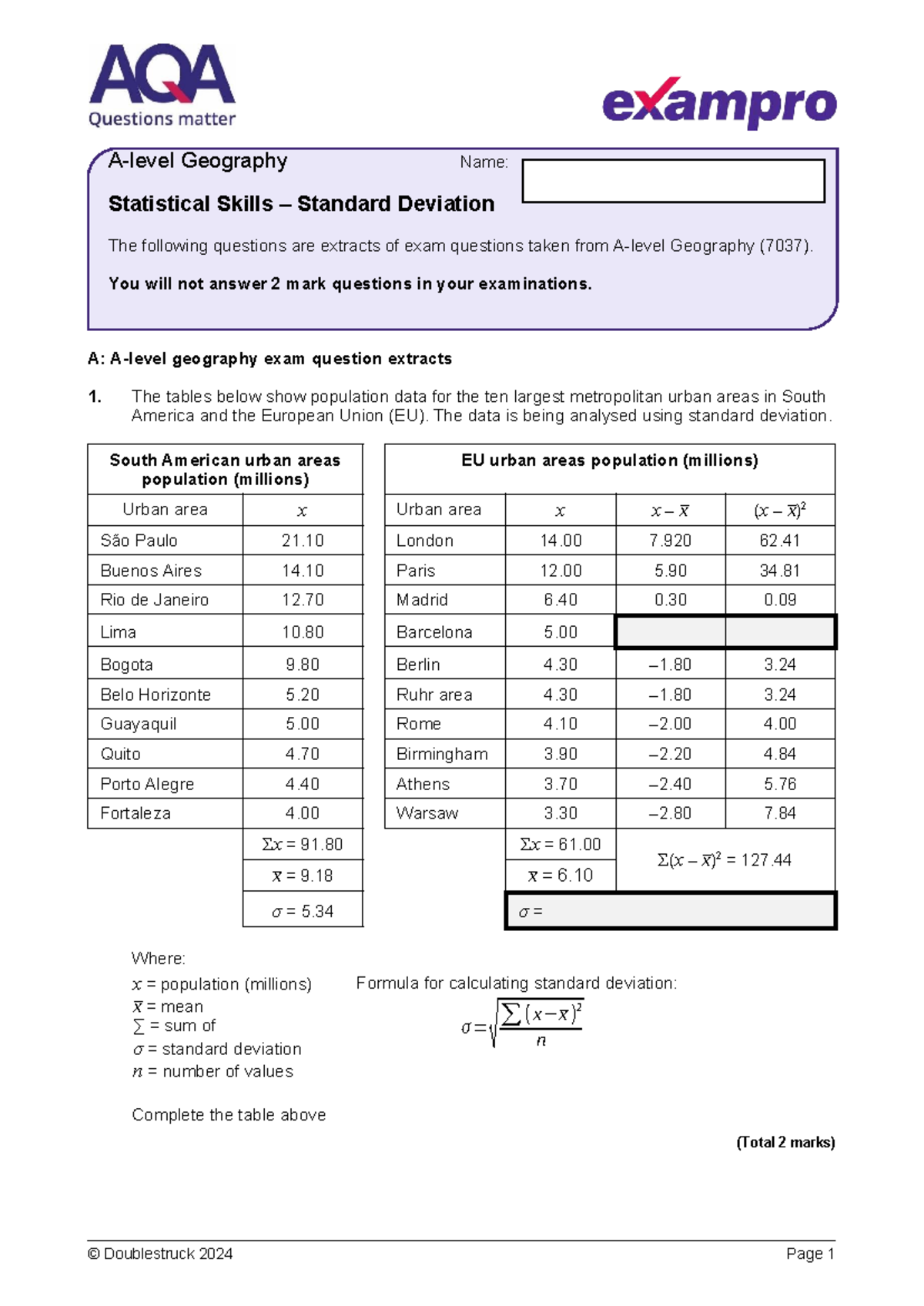 Geography (7037) Statistical Skills: Standard Deviation Practice WS ...