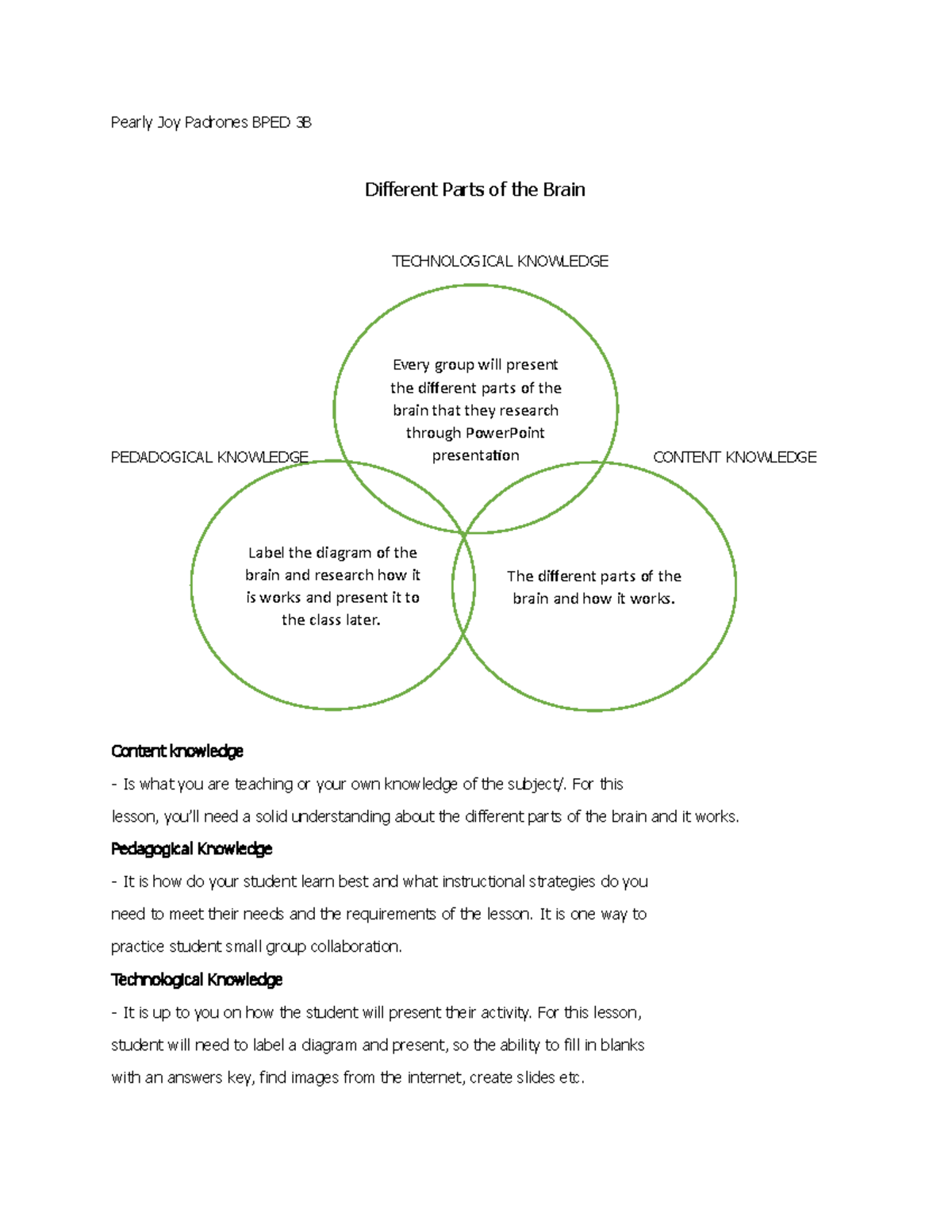 TPACK Lesson Plan: Understanding the Different Parts of the Brain - Studocu