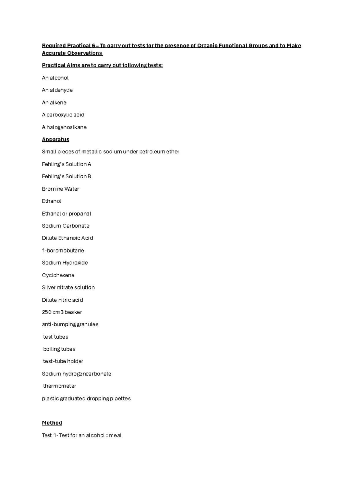 RP6 - AQA A Level Chemistry Practical: Tests for Organic Functional ...