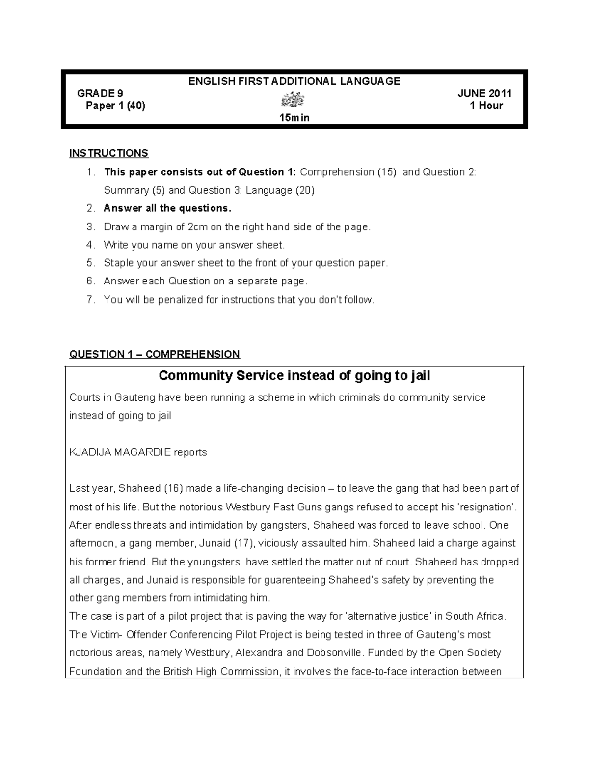 EFAL GRADE 9 PAPER 1 JUNE 2011 - Comprehension, Summary & Language ...