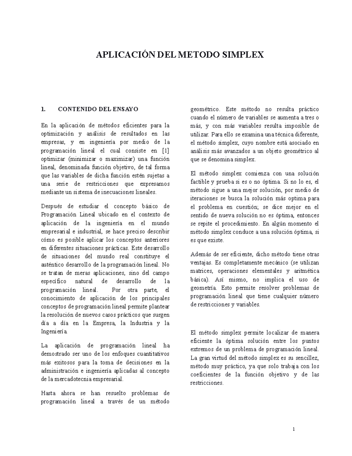 Ensayo: Aplicación del Método Simplex en Optimización Empresarial - Studocu