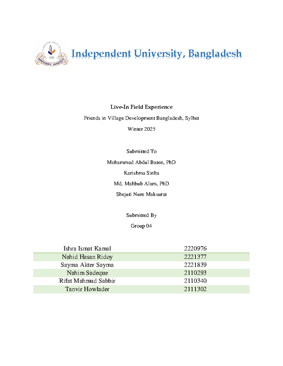 LFE Final Report: Group 04 - Sylhet, FIVDB Winter 2025 - Studocu