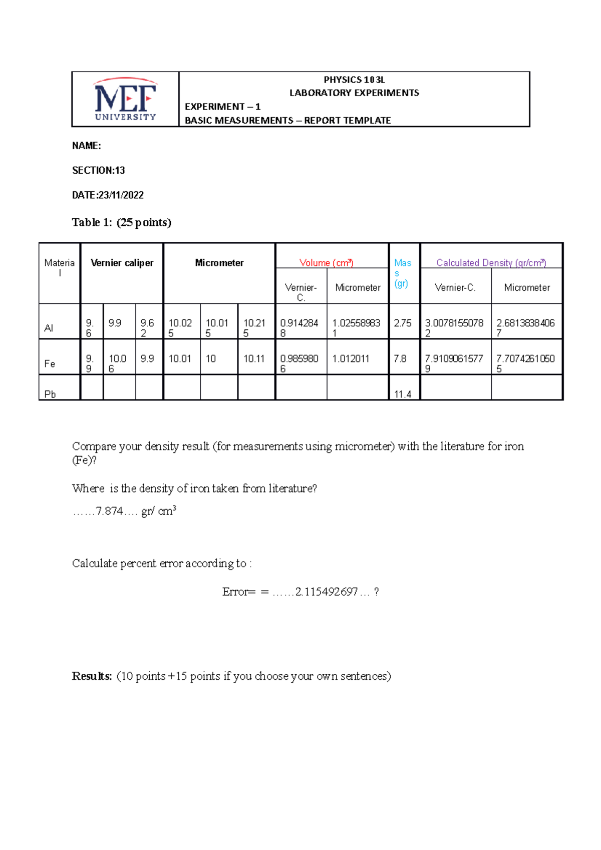 Basic Measurements – Report Template(8) - PHYSICS 103L LABORATORY ...
