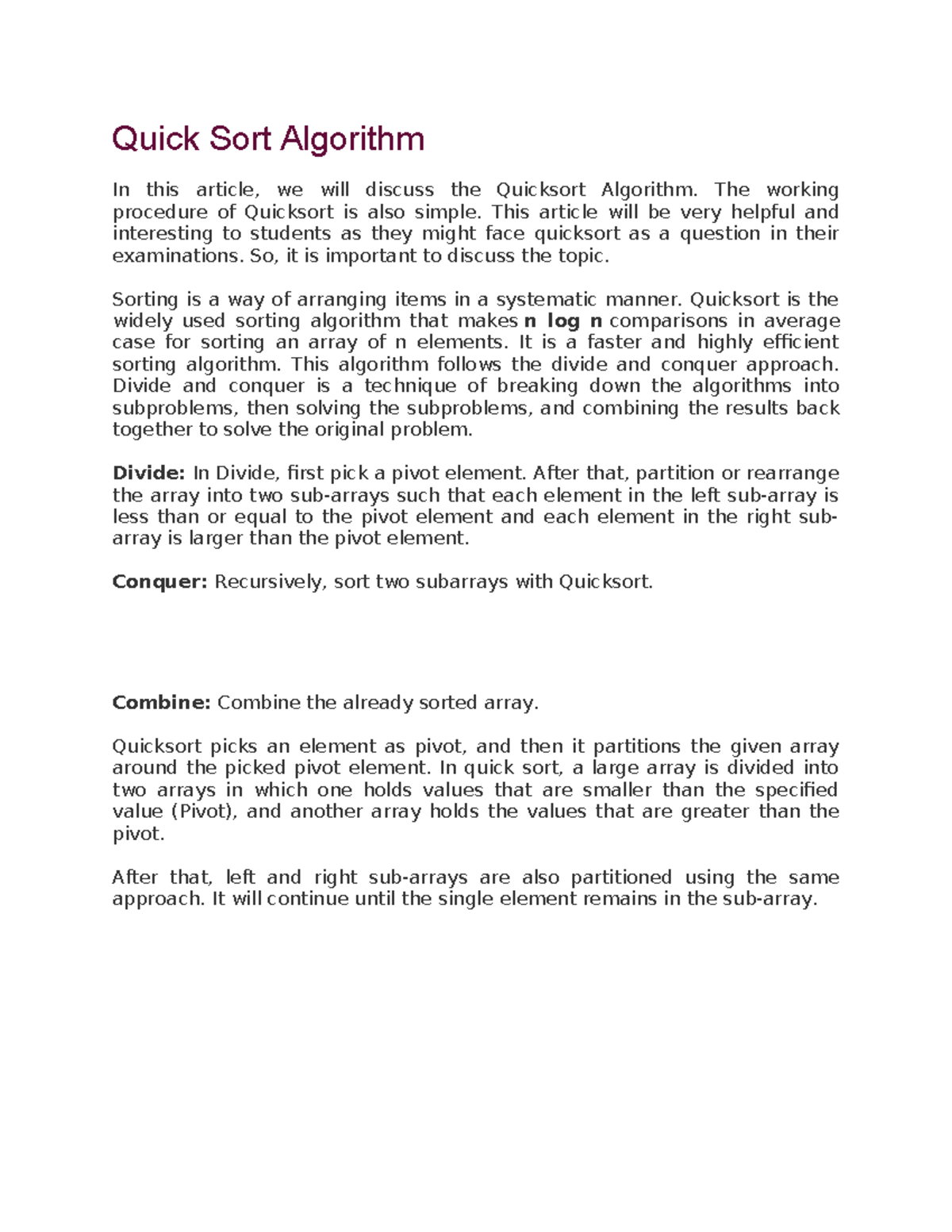 Data Structure and Algorithm quick sort algorithm - Quick Sort Algorithm In this article, we ...