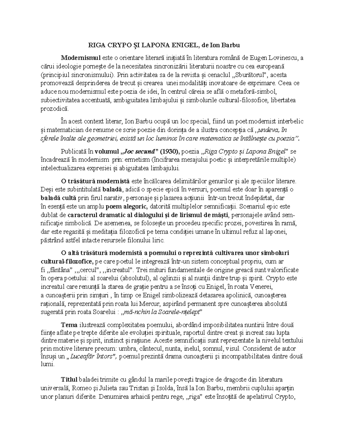 Riga Crypto și Lapona Enigel - Eseu Bacalaureat Literar - Studocu