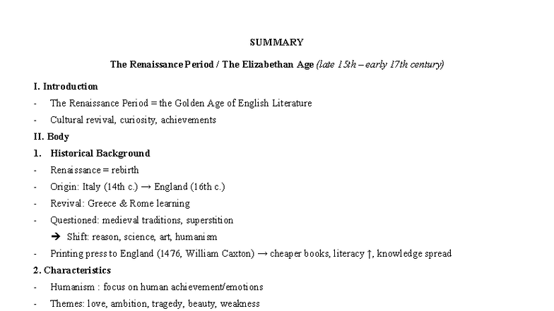 Renaissance Period Summary: The Elizabethan Age (ENG 101) - Studocu