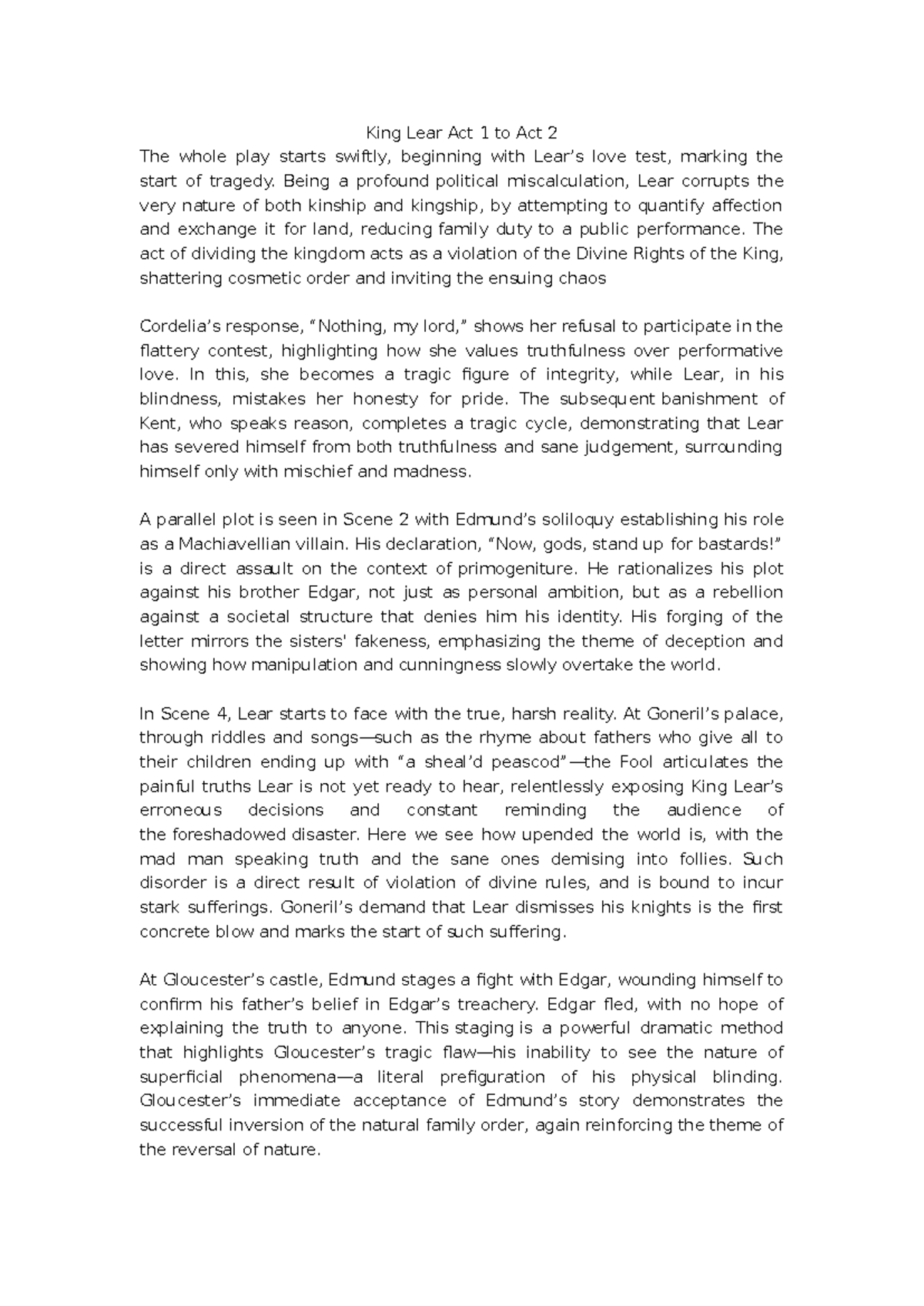 Review on KL Act 1 & 2: Detailed Analysis of King Lear's Tragedy - Studocu