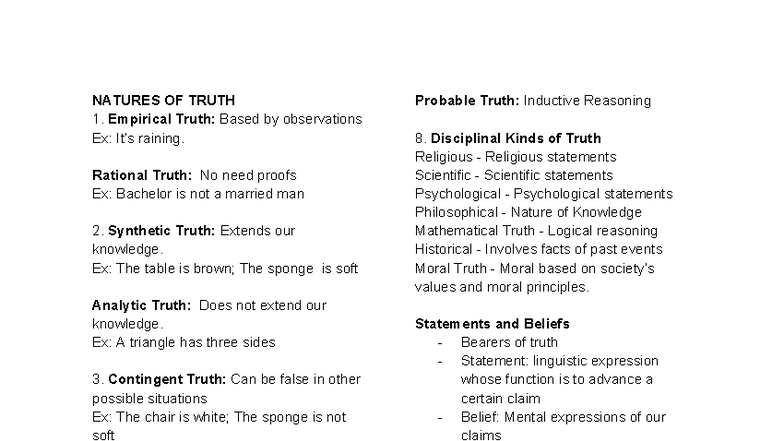 NATURES OF TRUTH: Understanding Different Types and Methods - Studocu