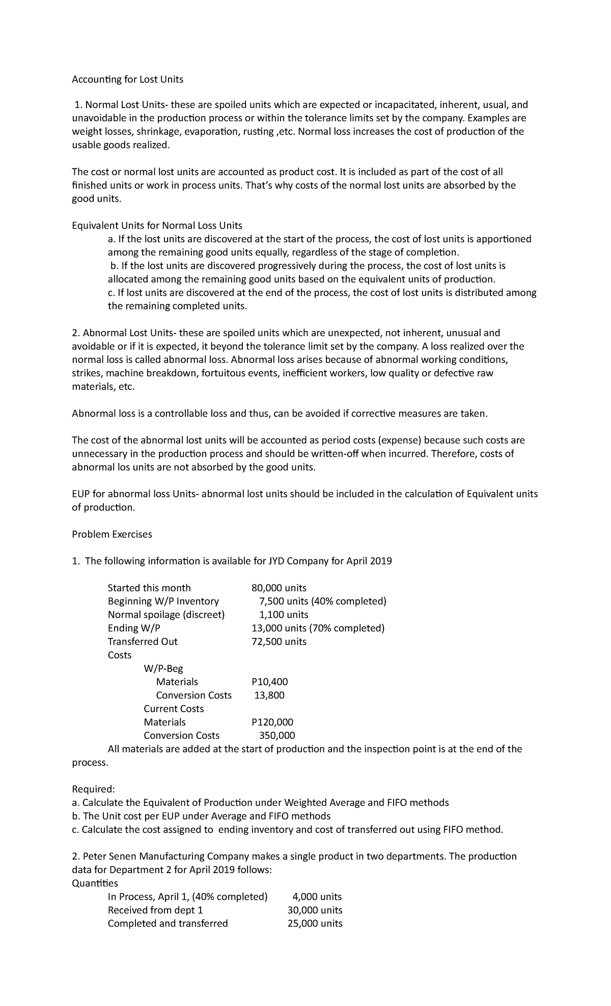 Accounting for Normal and Abnormal Lost Units: Cost Analysis ...
