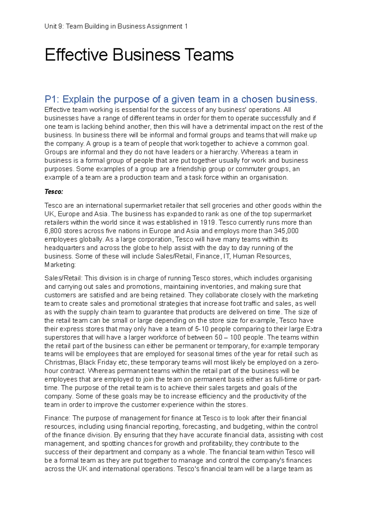 Unit 9 Assignment 1 - Effective Business Teams in BTEC Business Coursework - Studocu