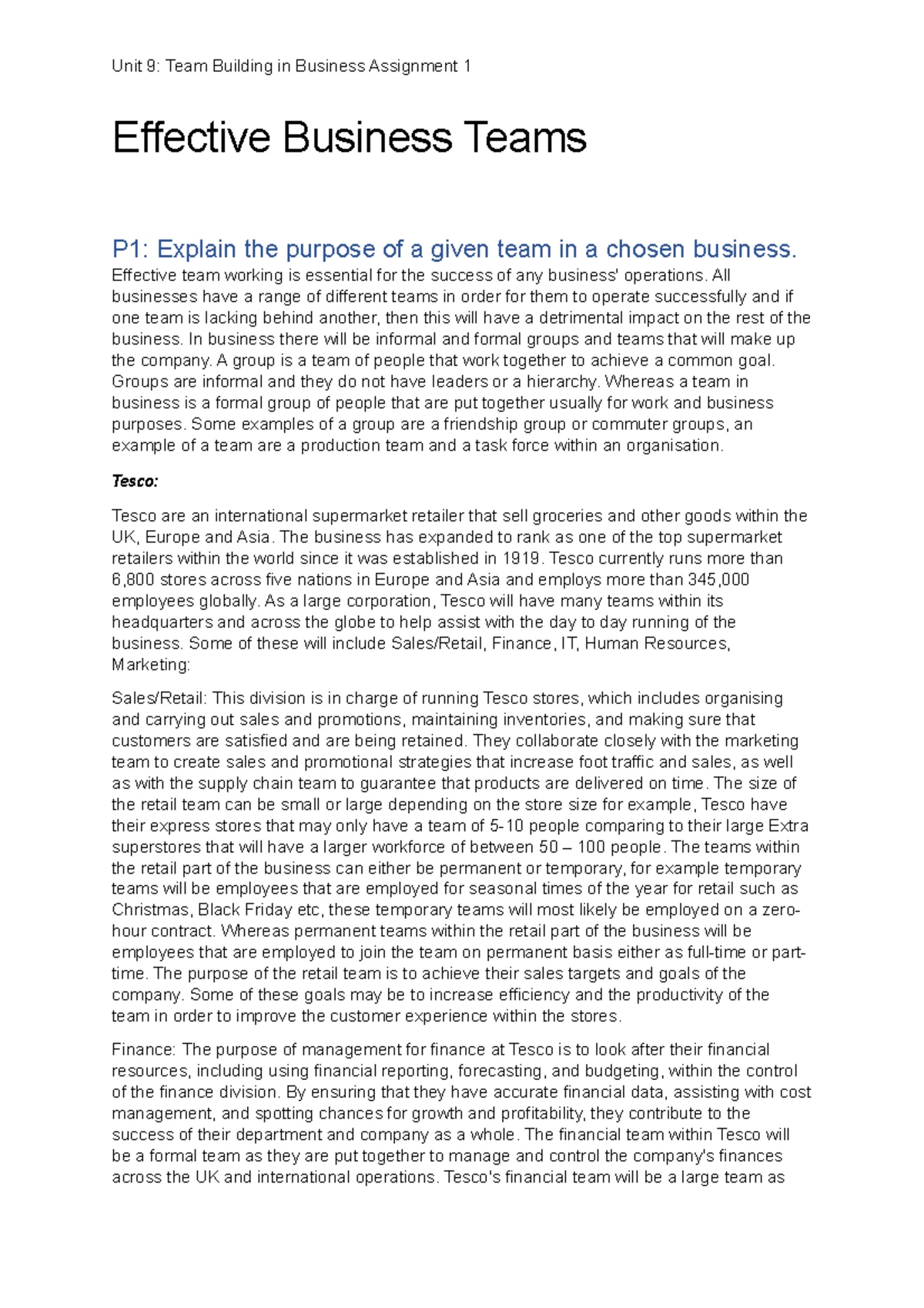 Unit 9 Assignment 2 Btec Business Coursework Effective Business Teams P3 Discuss The Roles