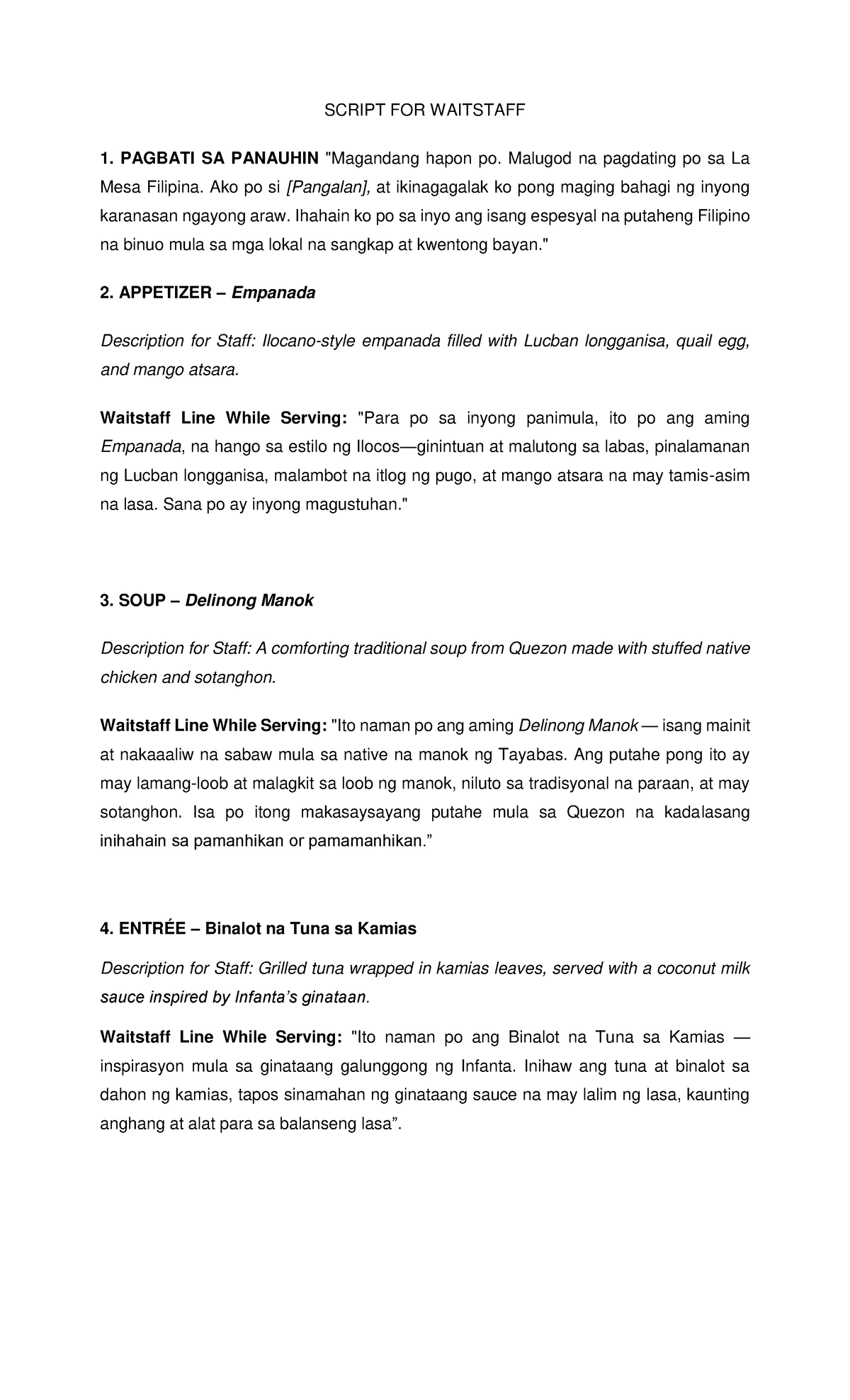 Script for waitstaff: Filipino dining experience guide - Studocu