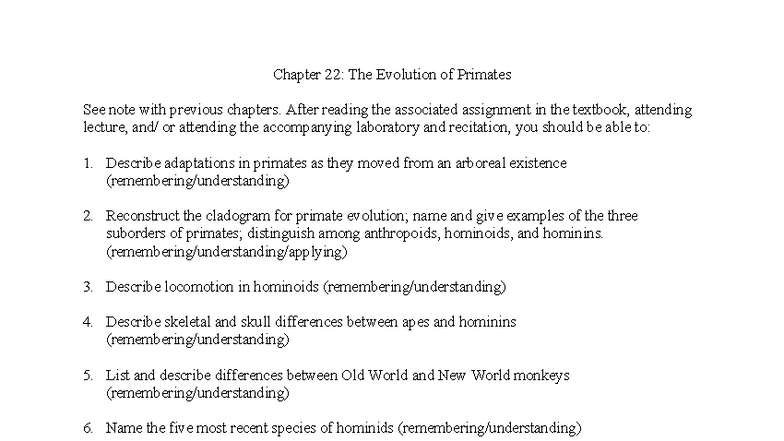 Chap 22 SM 21 - Lecture Notes on Primate Evolution - Studocu