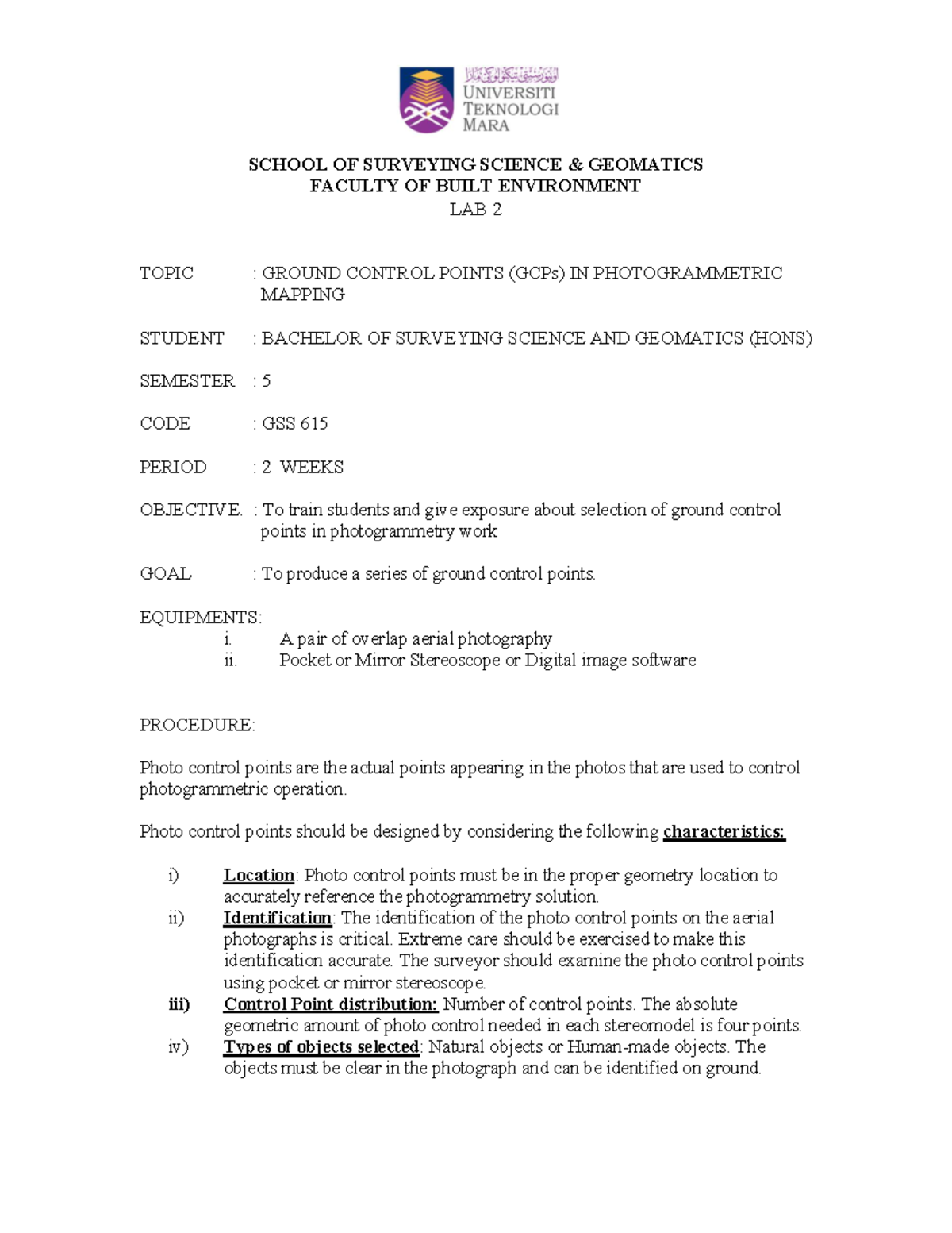 GSS 615 Lab 2: Ground Control Points in Photogrammetric Mapping - Studocu