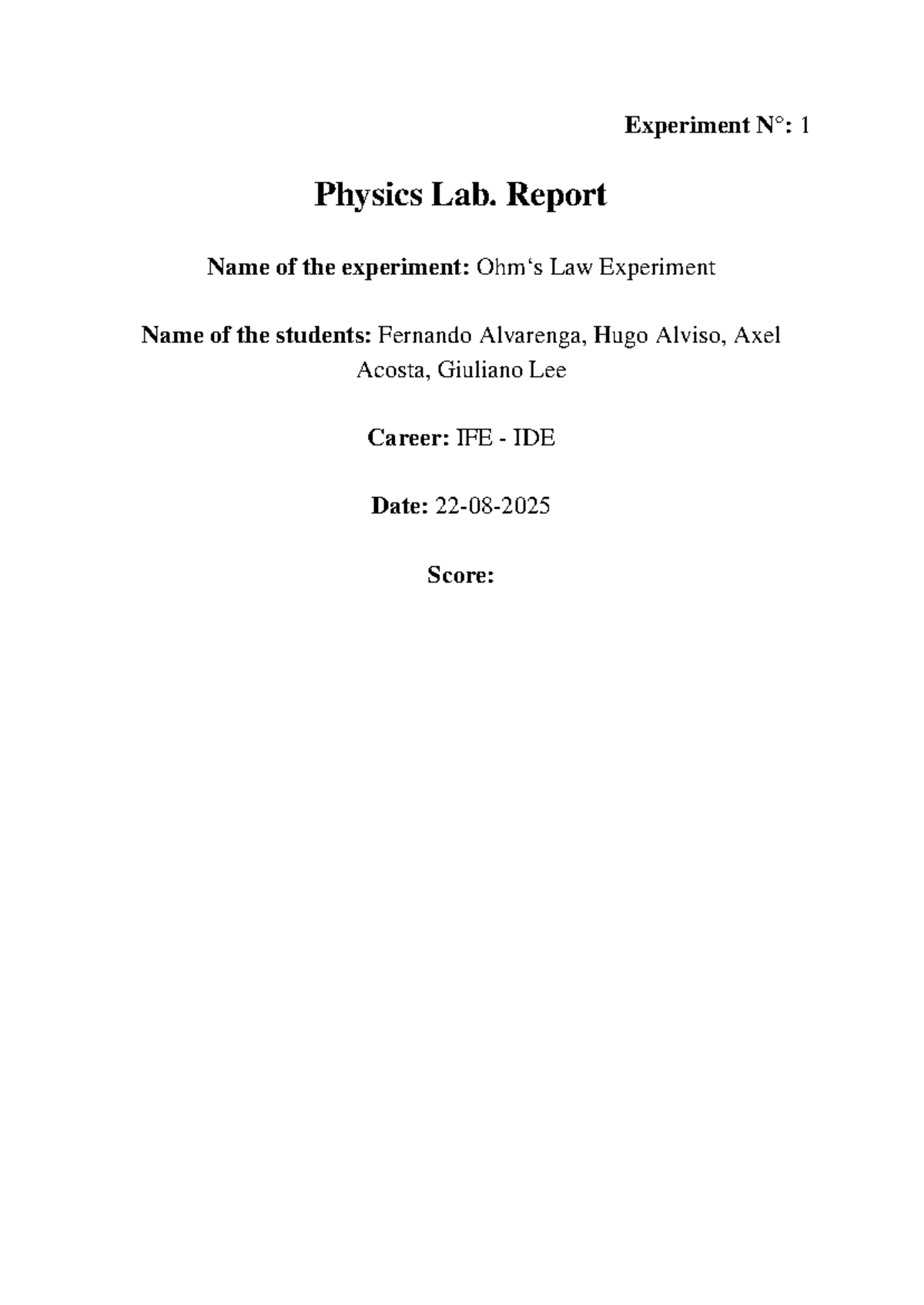 Experiment 1: Law of Electricity - Physics Lab Report (IFE IDE) - Studocu
