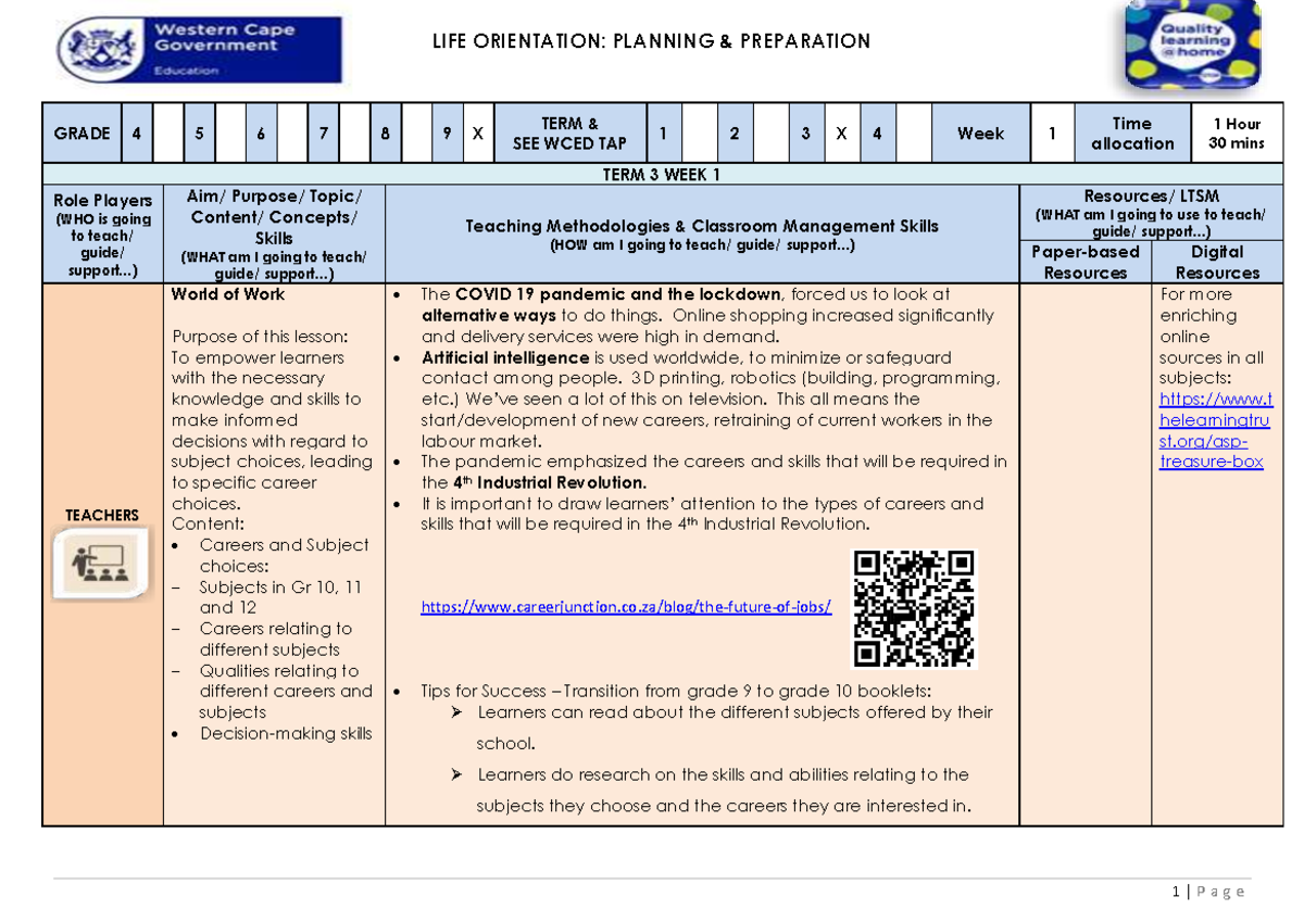 LIFE ORIENTATION: TERM 3 WEEK 1 LESSON PLAN GRADE 4-9 - Studocu
