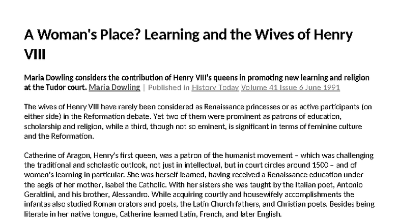 Henry VIII: The Educational Influence of His Wives - Studocu