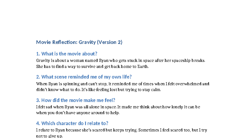 Gravity Movie Reflection: Personal Insights and Themes V2 - Studocu