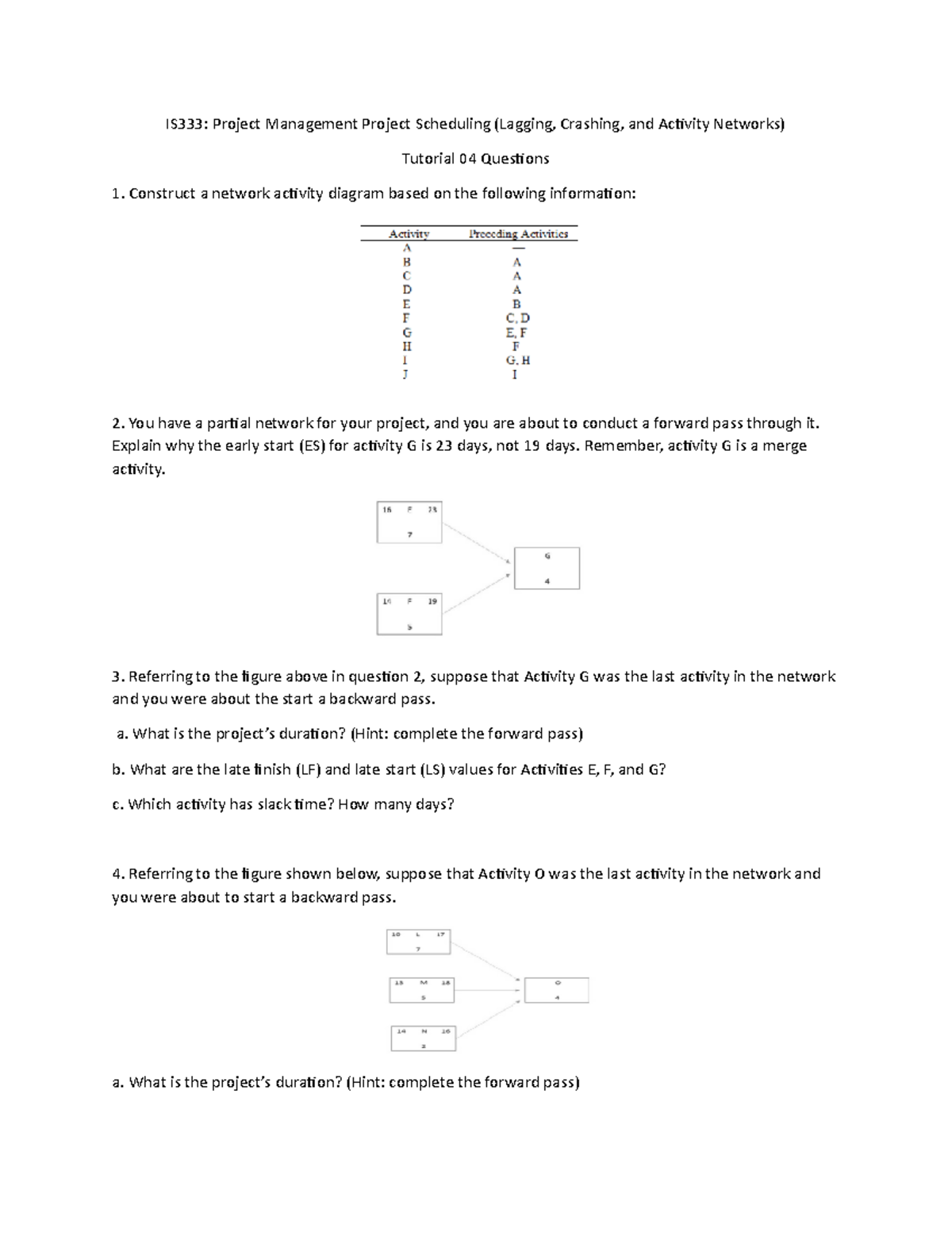 IS333 Tutorial 04: Project Scheduling & Network Analysis Techniques ...