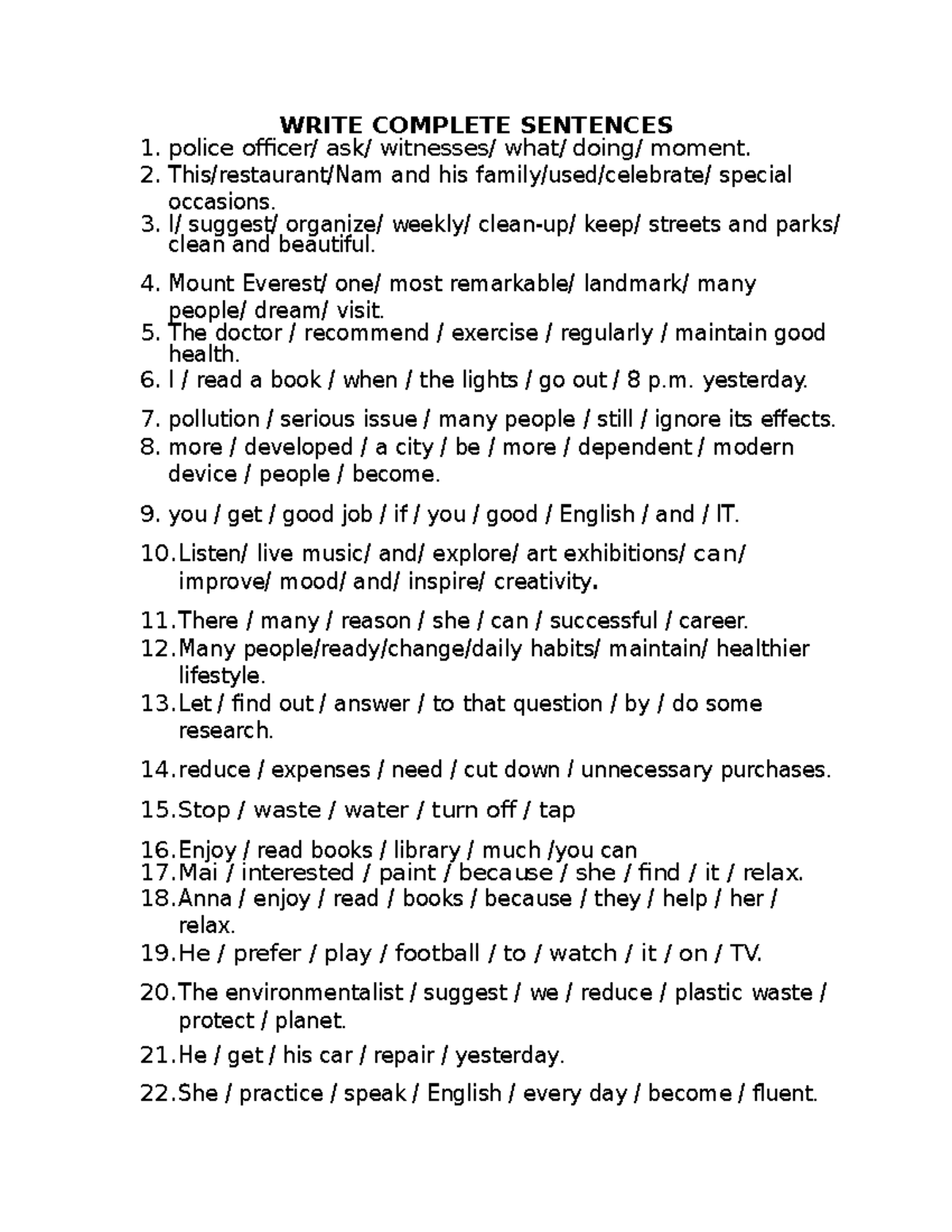 ENG 101: Write Complete Sentences - Practice Exercises - Studocu