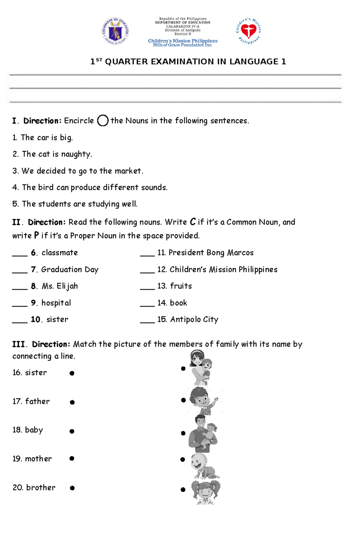 1st Quarter Examination in Language - 1 ST QUARTER EXAMINATION IN ...
