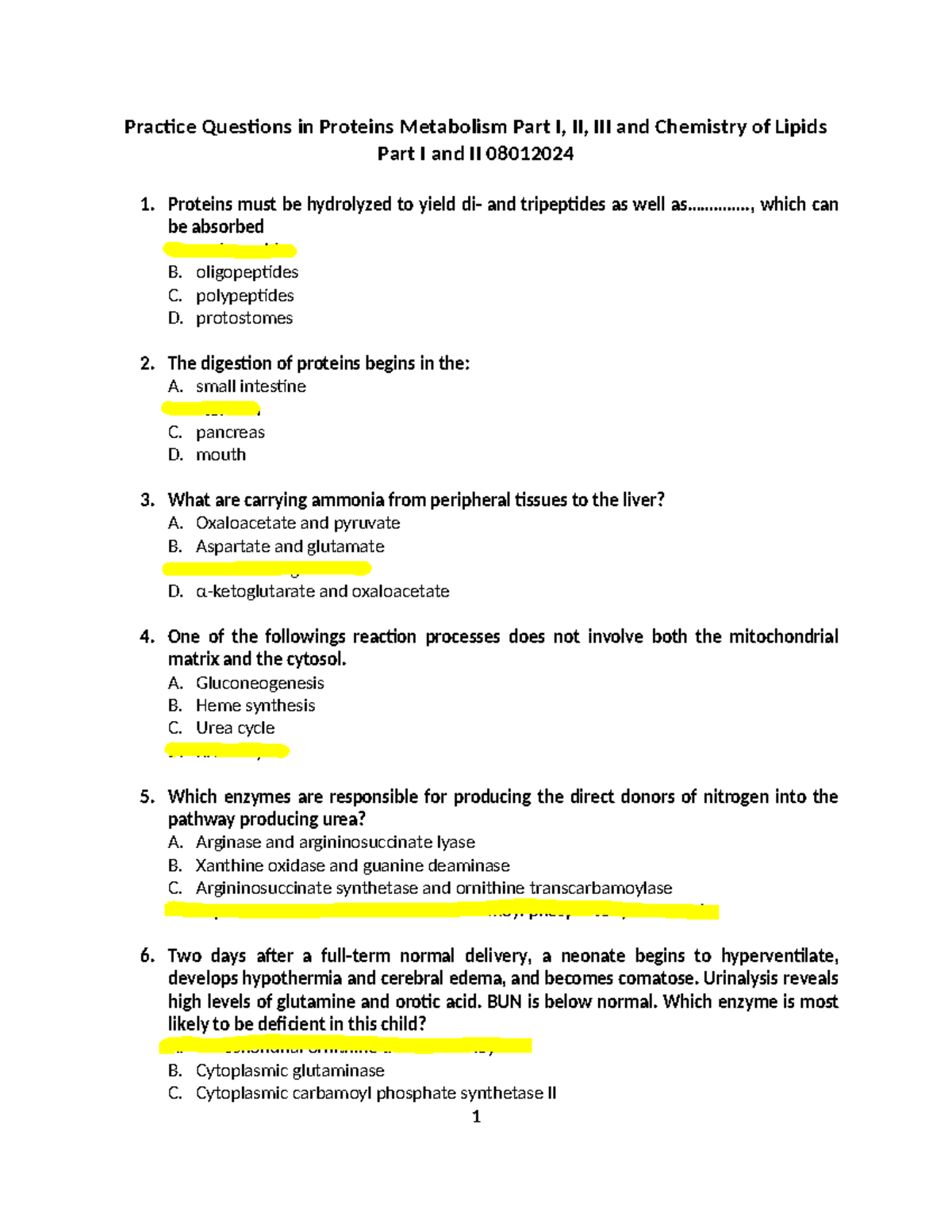 Practice Questions on Protein Metabolism & Lipid Chemistry (08012024 ...