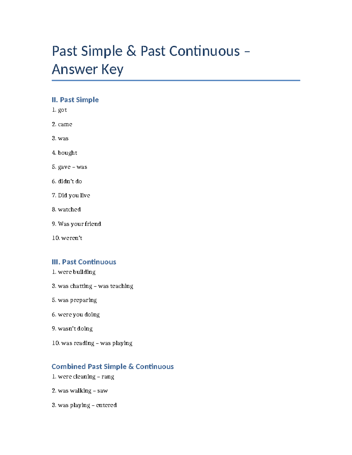 Past Simple & Past Continuous Answer Key II - Studocu
